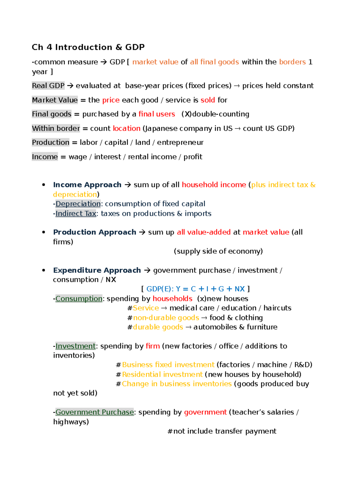 Marco Notes - Ch 4 Introduction & GDP -common measure GDP [ market ...