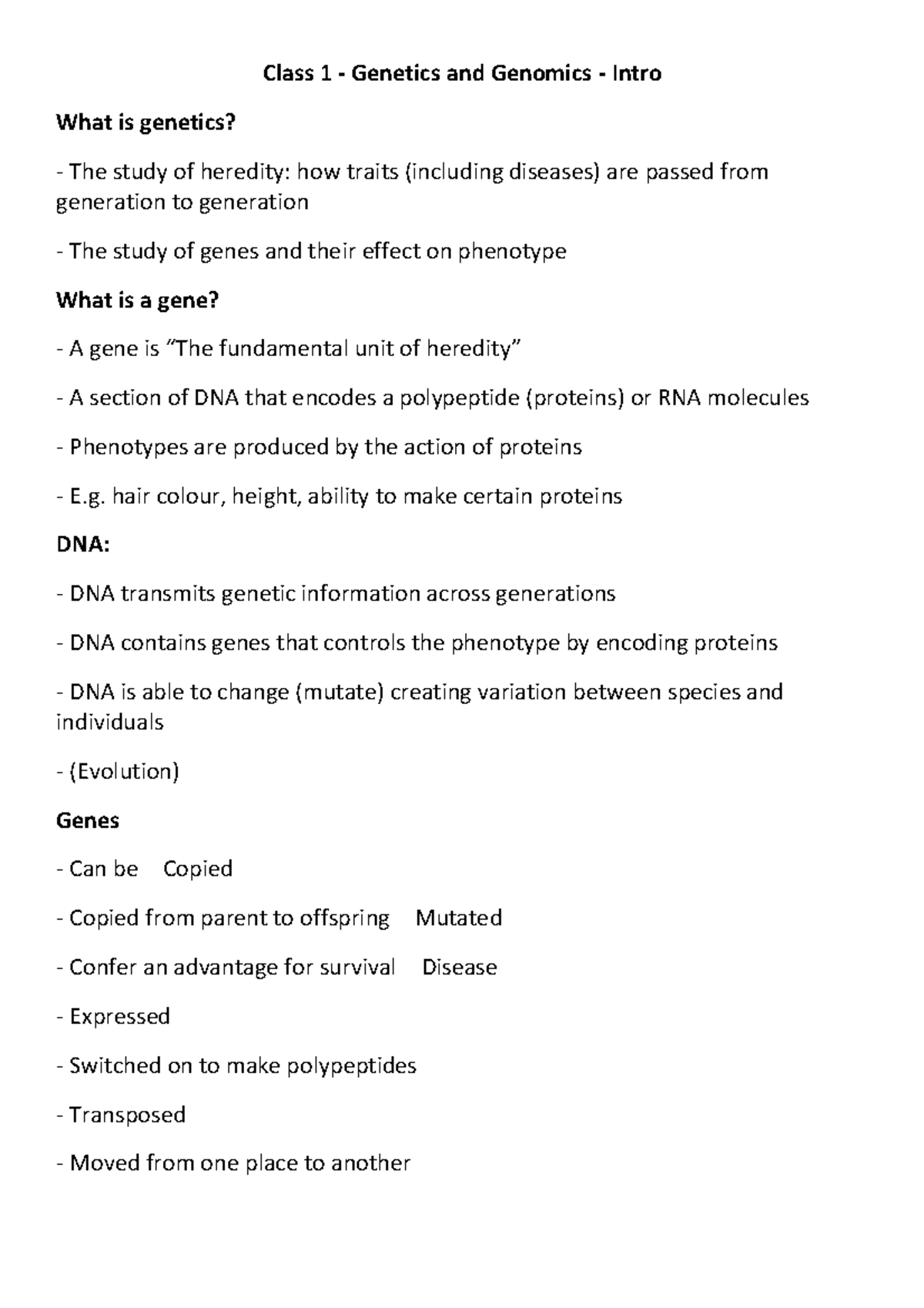 Genetics and Genomics Notes - Class 1 - Genetics and Genomics - Intro ...