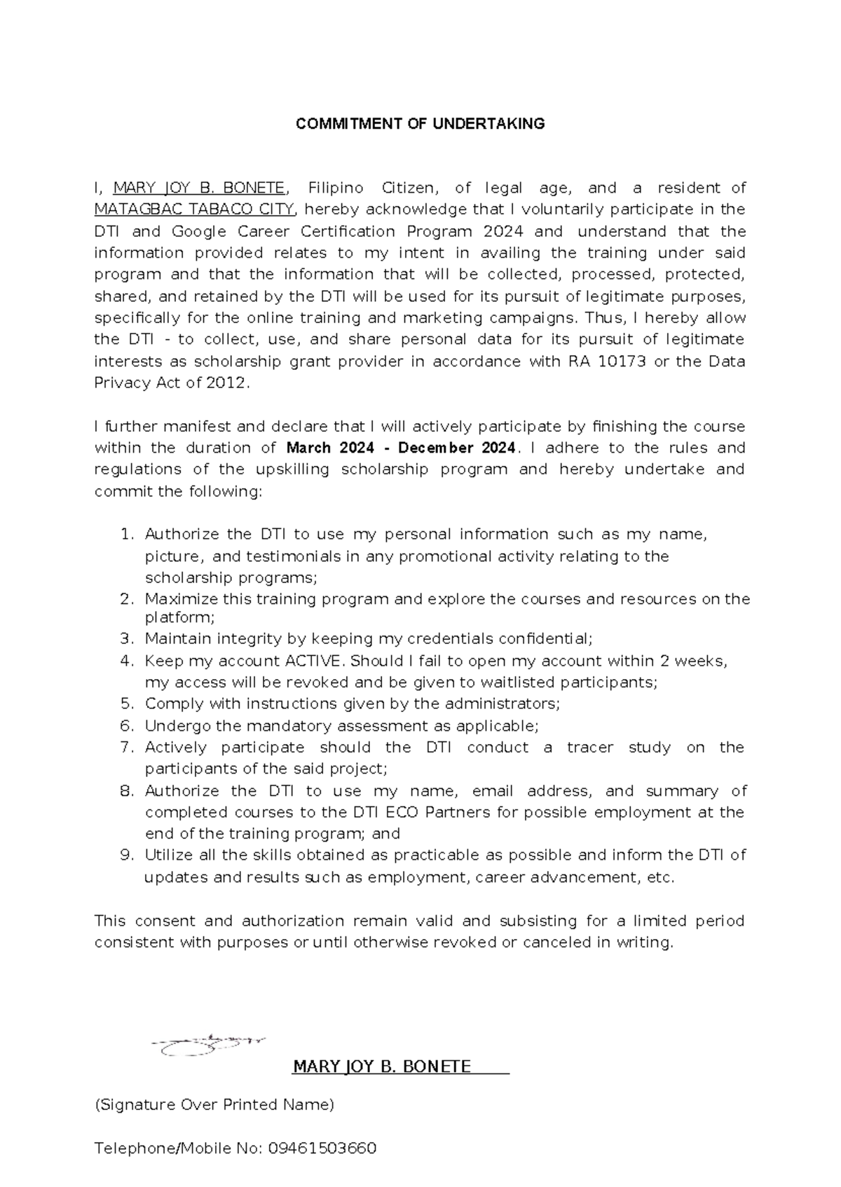 DTI Google 2024 COU - None - COMMITMENT OF UNDERTAKING I, MARY JOY B ...