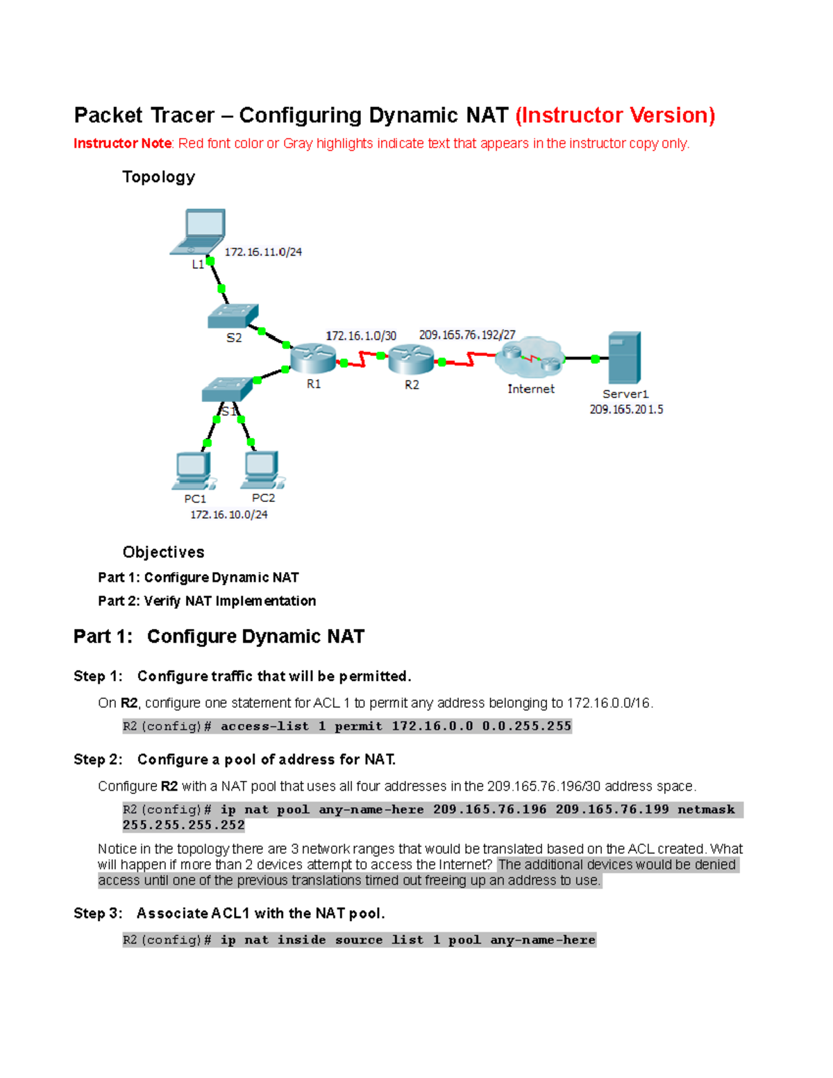 5.2.2.5 Packet Tracer - Configuring Dynamic NAT Instructions IG - Packet Tracer – Configuring ...