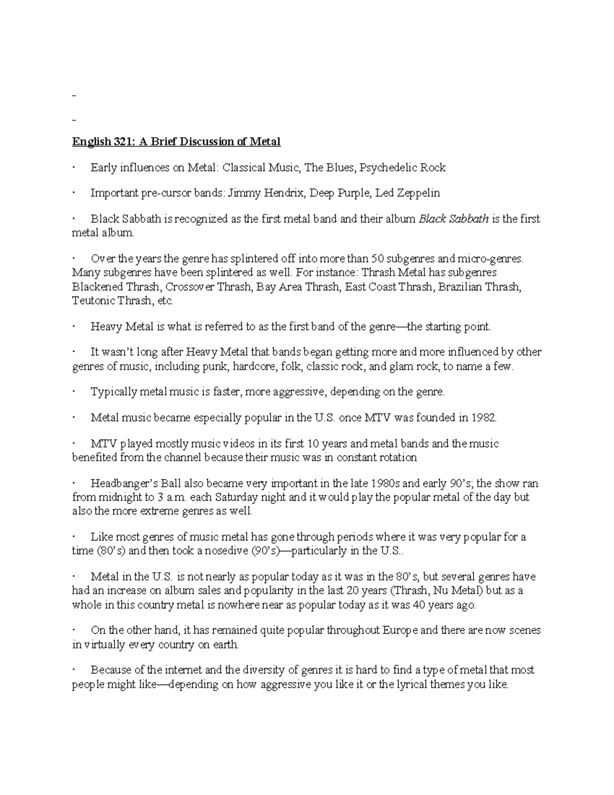 History of Metal - Bardine - English 321: A Brief Discussion of Metal ...