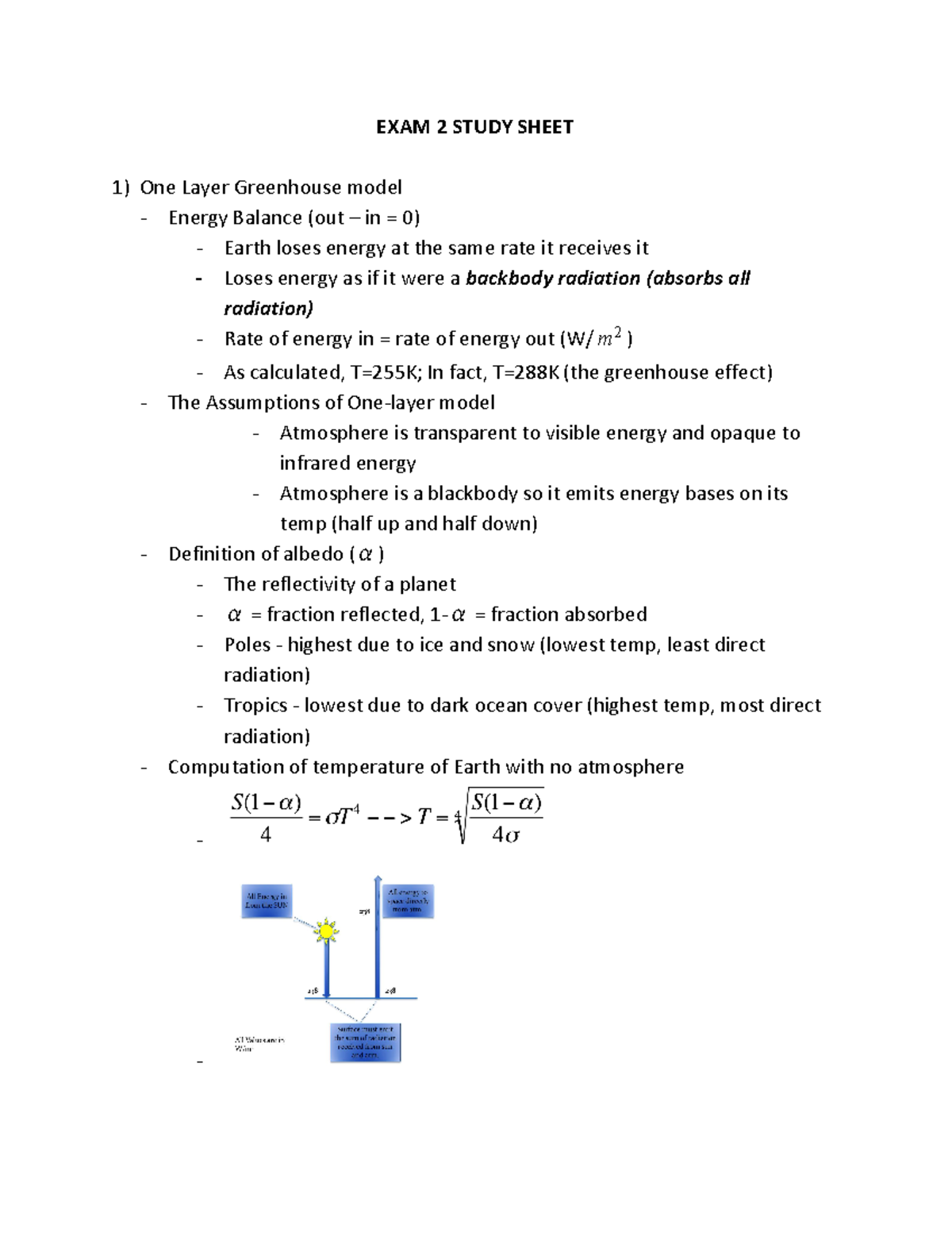 EAS Prelim 2 Review Sheet - EXAM 2 STUDY SHEET 1) One Layer Greenhouse ...