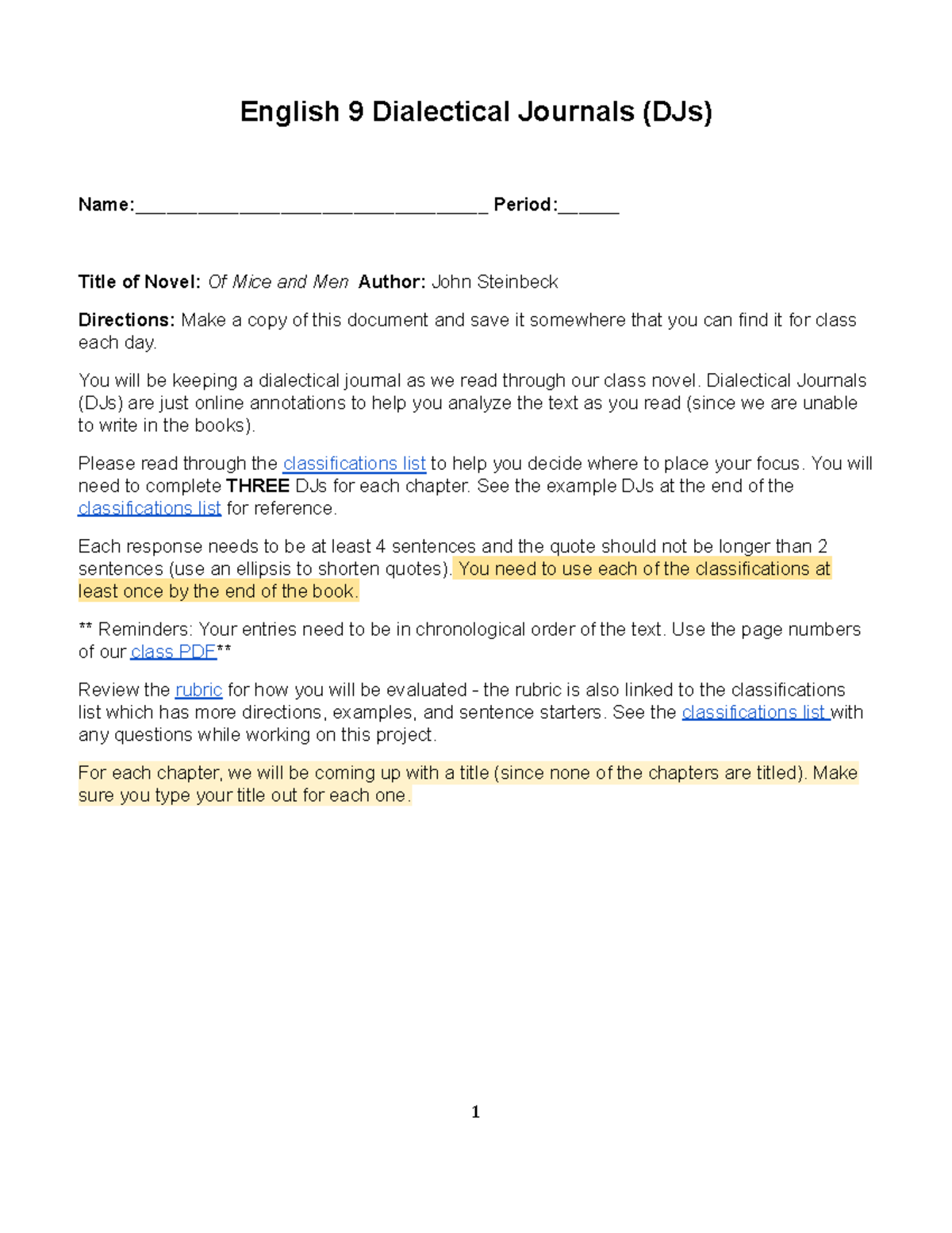 Copy of DJ Template Eng - here - English 9 Dialectical Journals (DJs ...