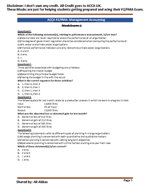 MA Mock - Questions S20-A21 - ACCA MOCK Management Accounting September ...