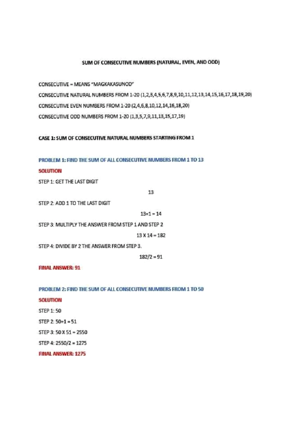 Consecutive - bsdts - SUM OF CONSECUTIVE NUMBERS (NATURAL, EVEN, AND ...