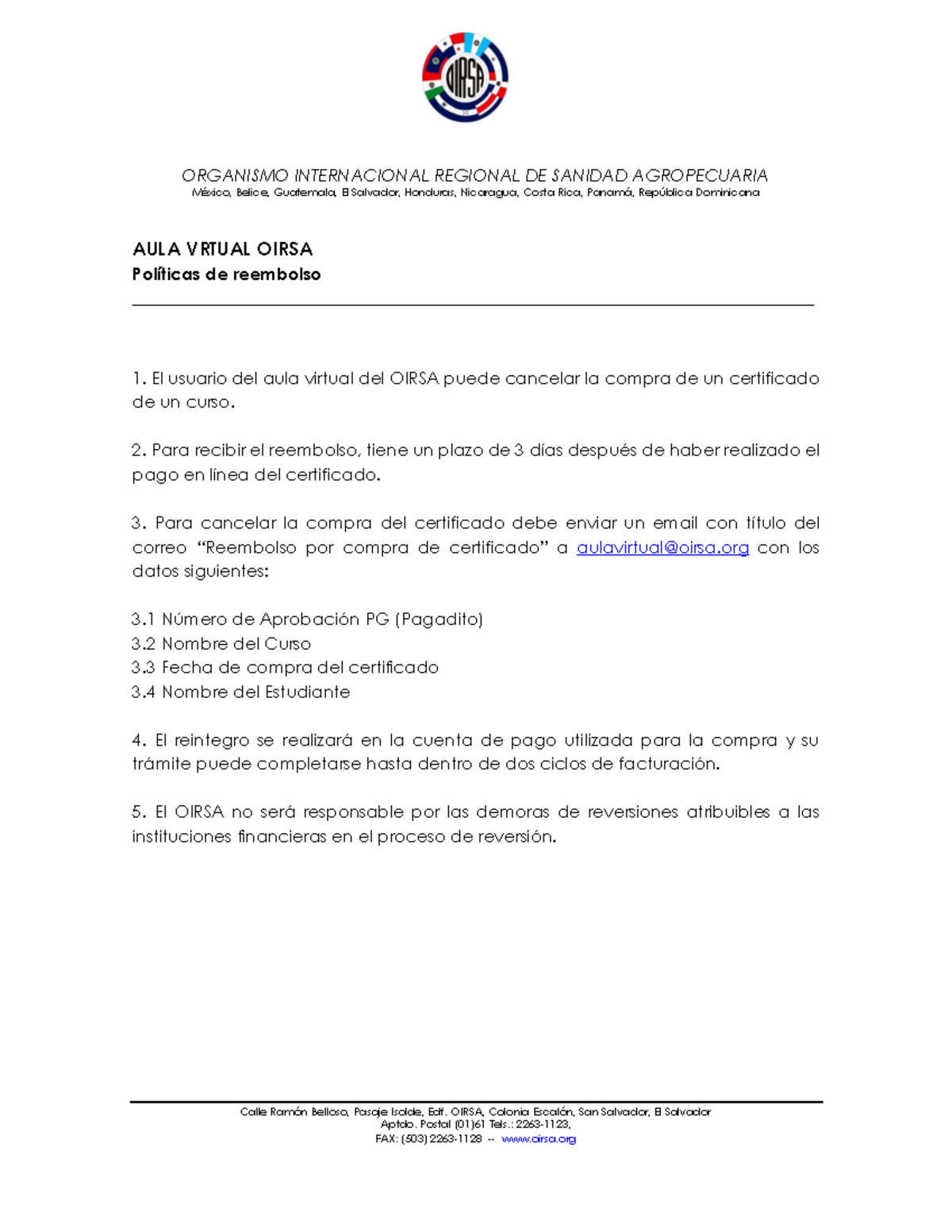 Politicas de reembolso Oirsa 2020 - ORGANISMO INTERNACIONAL REGIONAL DE ...