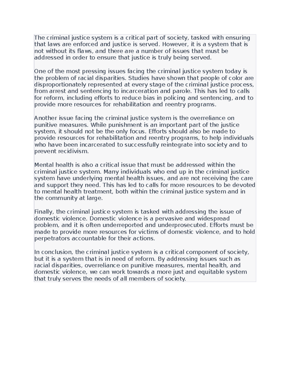 CJ 103 - CJ WORK ESSAY - The criminal justice system is a critical part ...