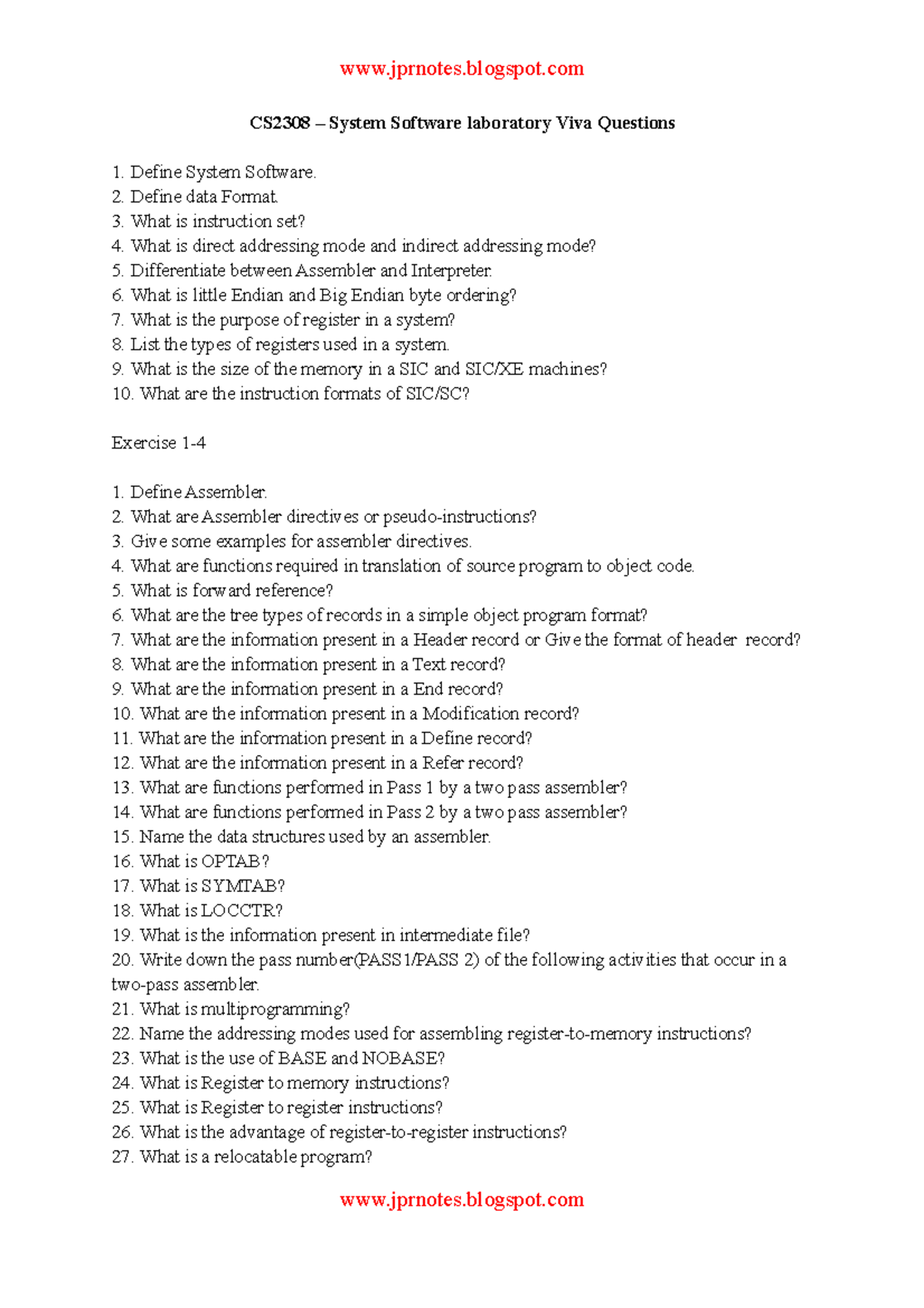 CS2308 Viva Questions - hdhshsd - jprnotes.blogspot CS2308 – System ...