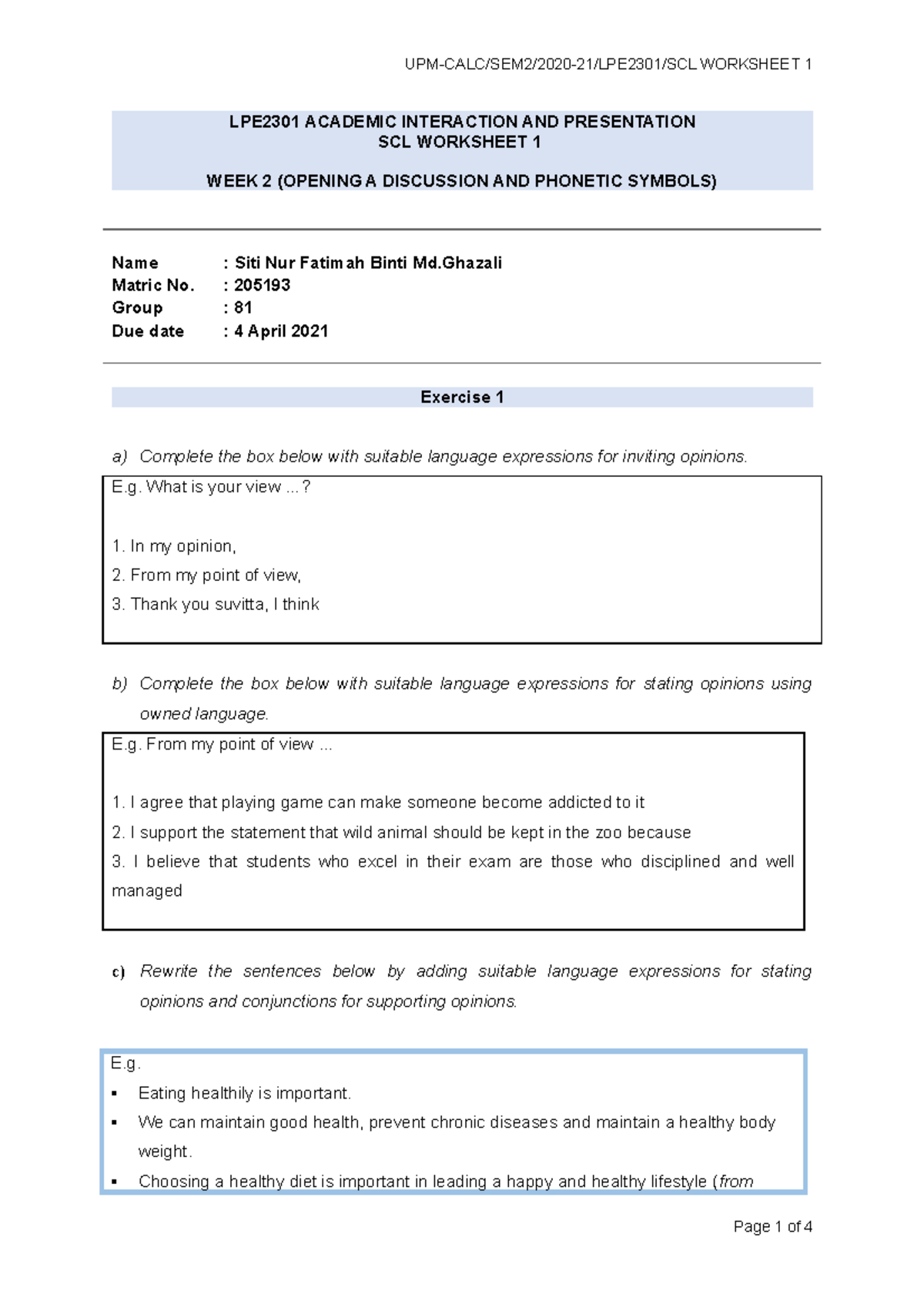 LPE2301 SCL Worksheet 1 SEM2 - LPE2301 ACADEMIC INTERACTION AND ...