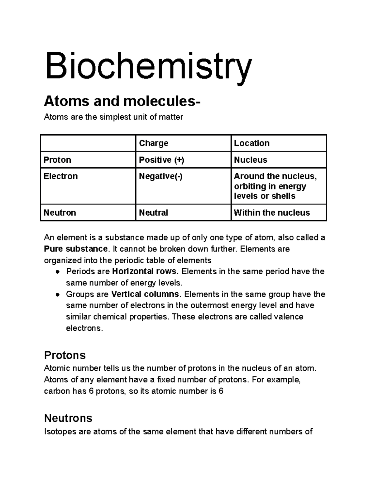 Introdution to Bioichemistry - Biochemistry Atoms and molecules- Atoms ...