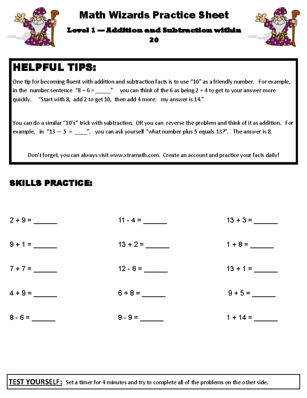Math Wizards Practice Sheet - TEST YOURSELF: Set a timer for 4 minutes ...