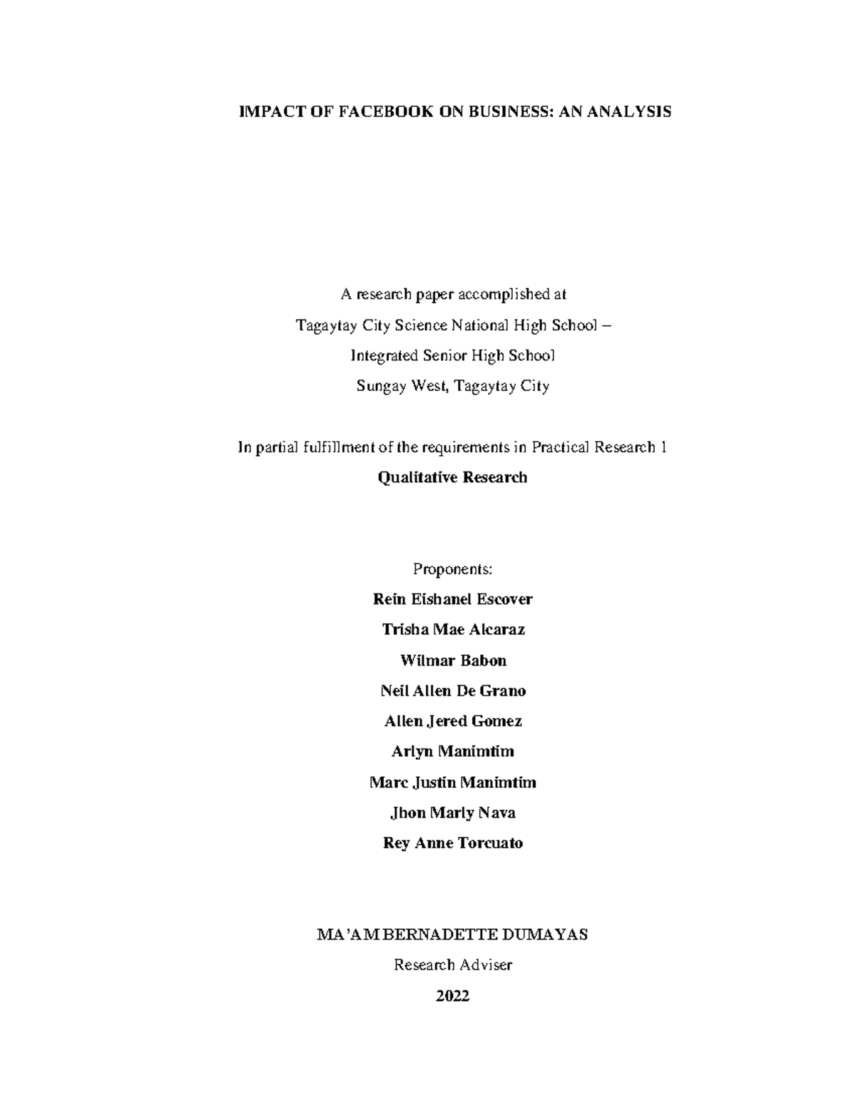 Research Paper Chapter 1-3 (gr5) - IMPACT OF FACEBOOK ON BUSINESS: AN ...
