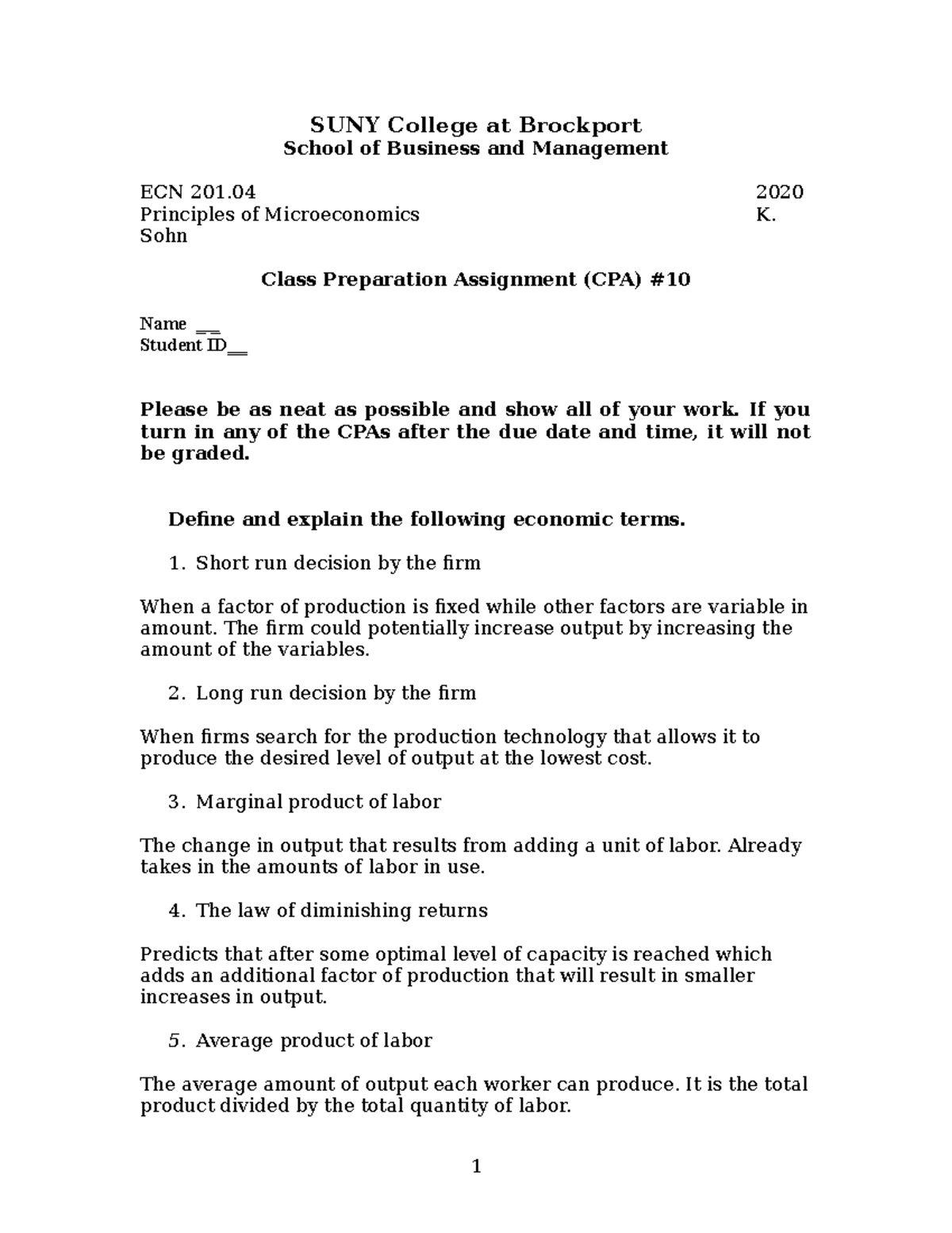 CPA 10 - Fall 2020 semester with Professor Sohn - SUNY College at ...