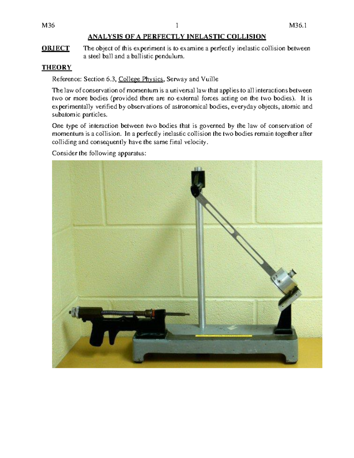 Phys 115 Fall 2023 M36 Lab Manual - ANALYSIS OF A PERFECTLY INELASTIC ...