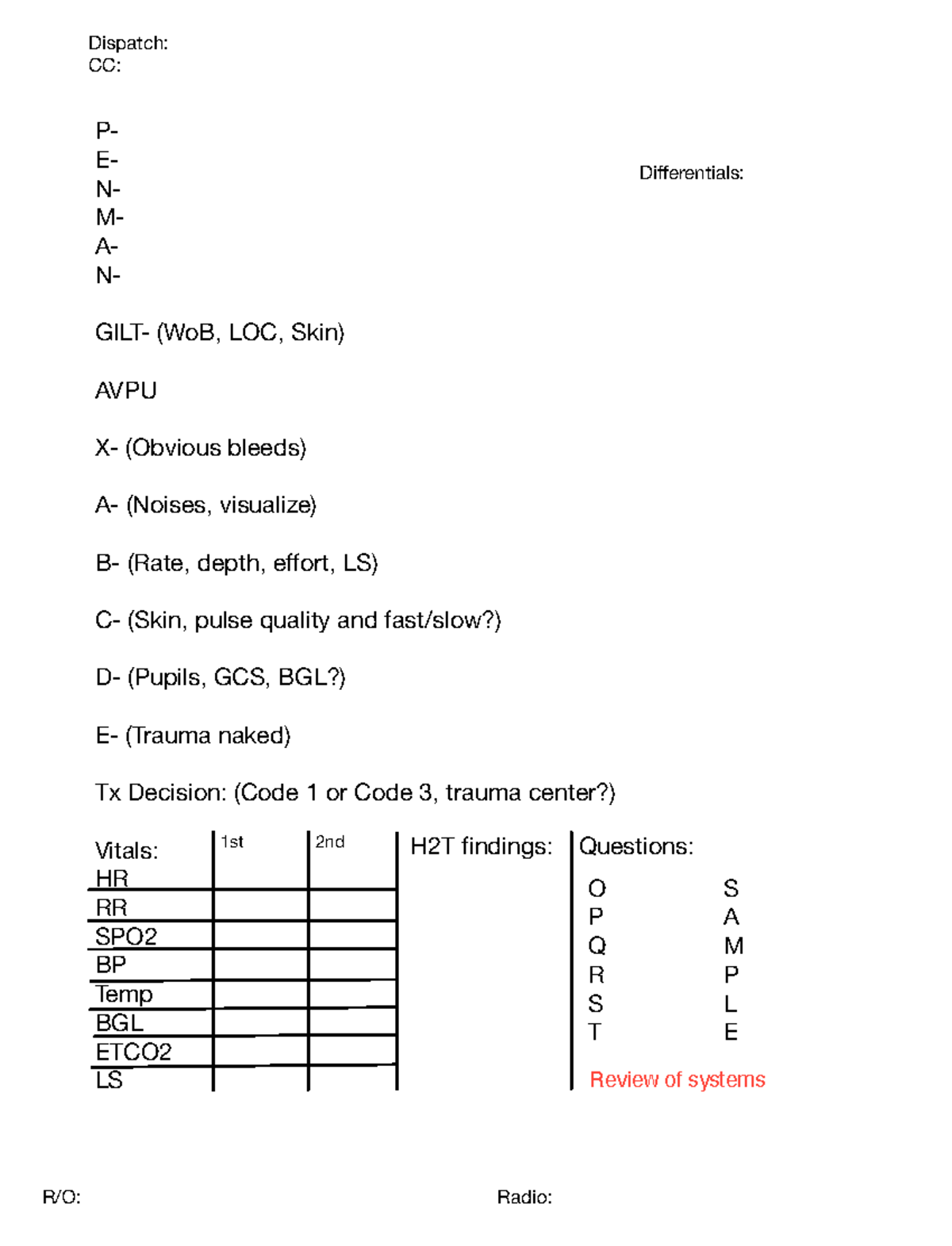 “Run Sheet” 2 - Emt acronyms - P- E- N- M- A- N- GILT- (WoB, LOC, Skin ...