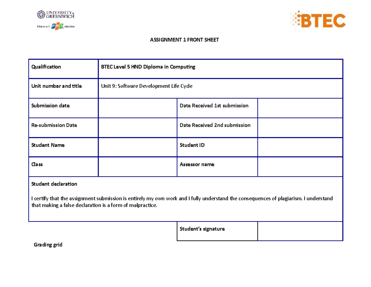 SDLC-ASM1 OF Tran Hoang anh - ASSIGNMENT 1 FRONT SHEET Qualification BTEC Level 5 HND Diploma in ...