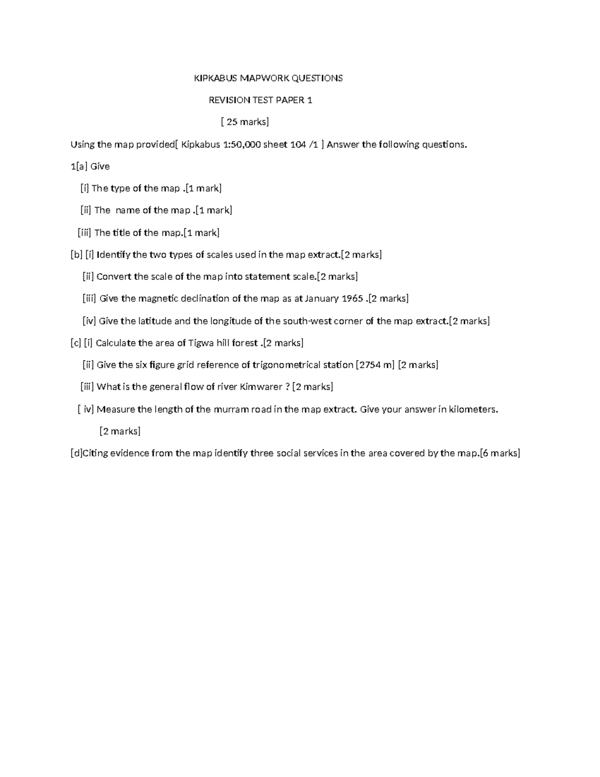 Kipkabus Mapwork Questions Kipkabus Mapwork Questions Revision Test