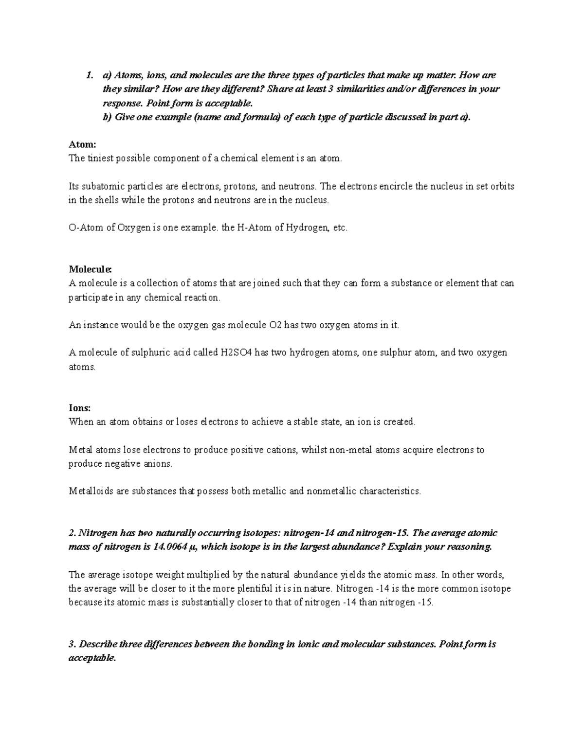 Chemistry assignment #1 - Google Docs - a) Atoms, ions, and molecules ...