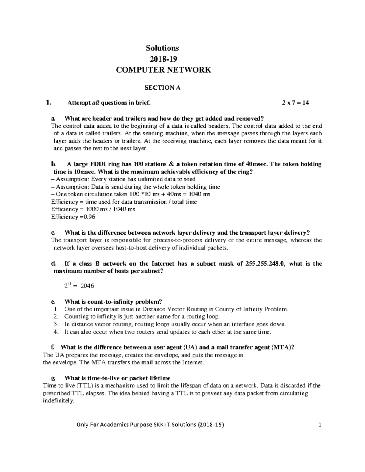 CN University Paper Solution 2018-19 - Solutions 2018- COMPUTER NETWORK SECTION A 1. Attempt all ...