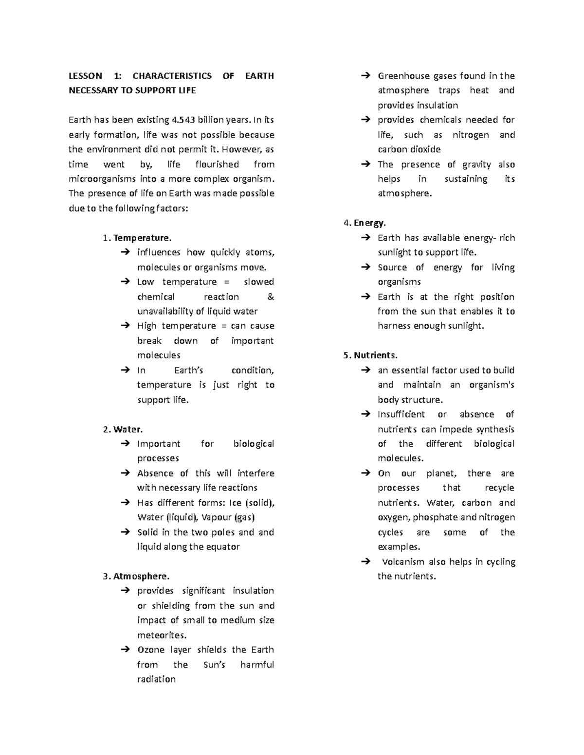 EARTH SCIENCE REVIEWER - LESSON 1: CHARACTERISTICS OF EARTH NECESSARY ...