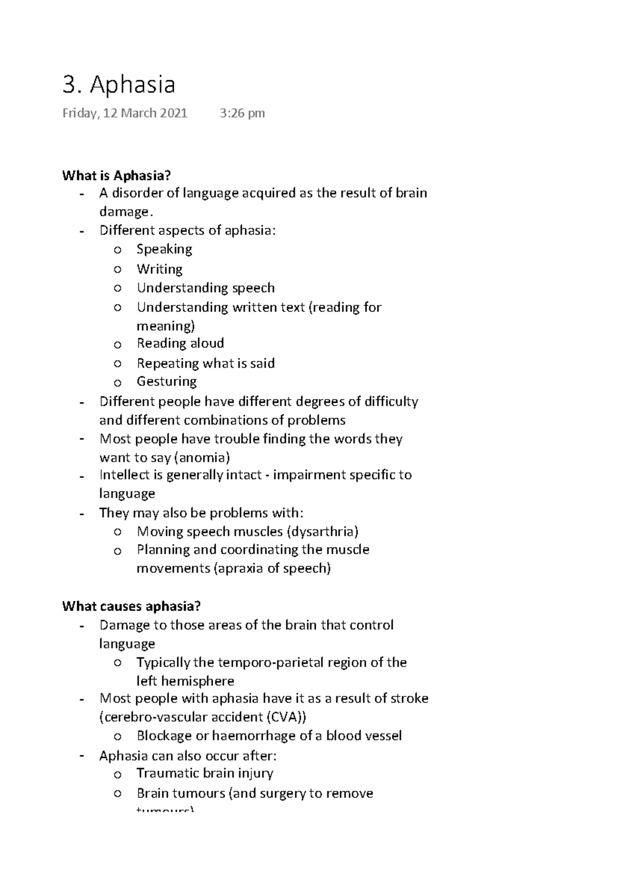 3. Aphasia - Lecture notes 3 - What is Aphasia? A disorder of language ...