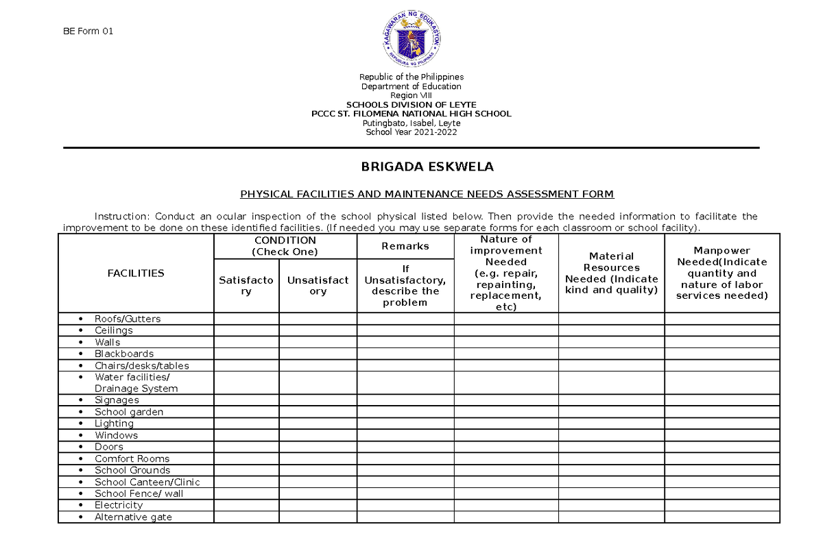 BE Form 1 - Physical Facilities AND Maintenance Needs Assessment FORM ...