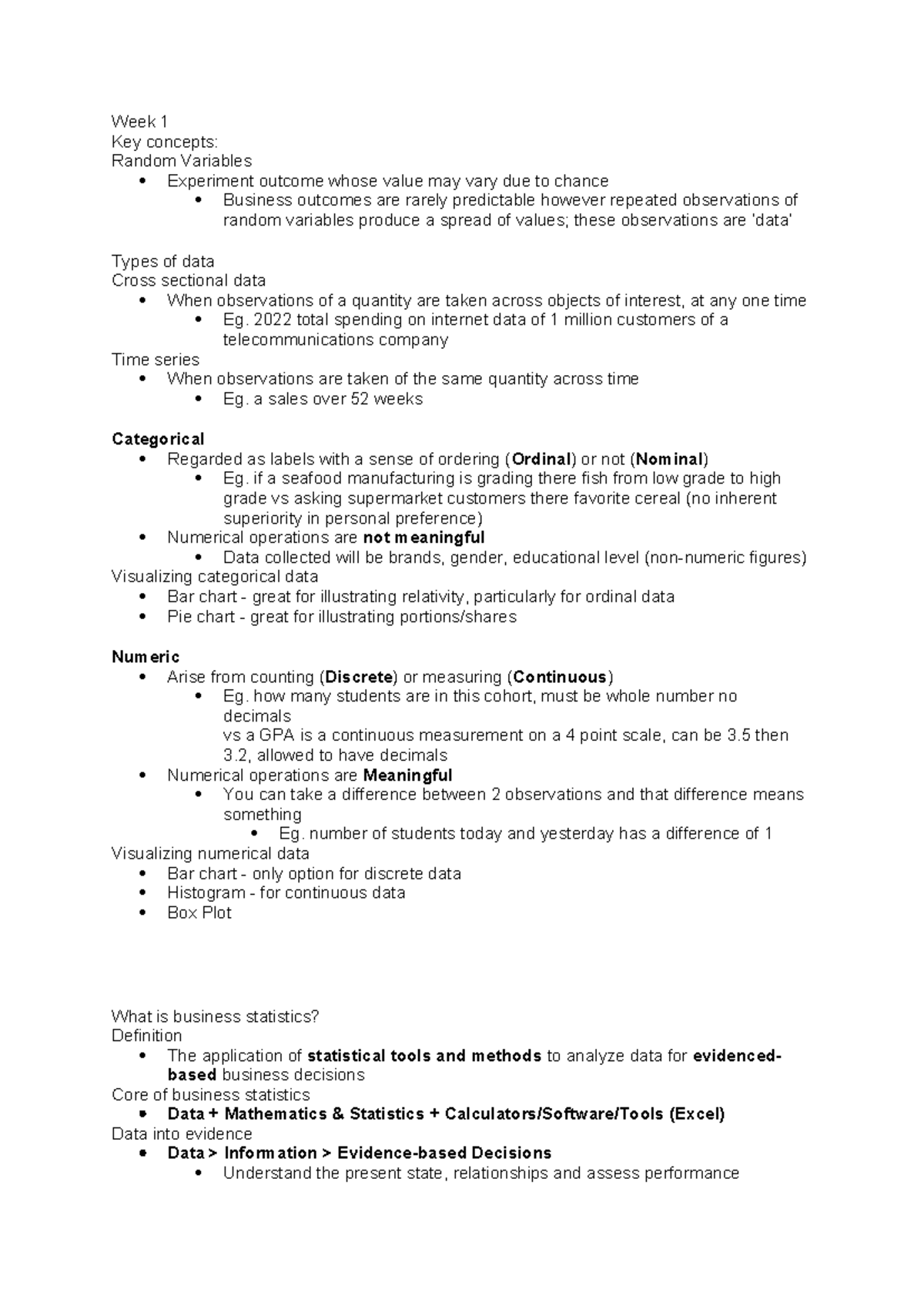 ETF1100 Notes - Week 1 Key concepts: Random Variables Experiment ...