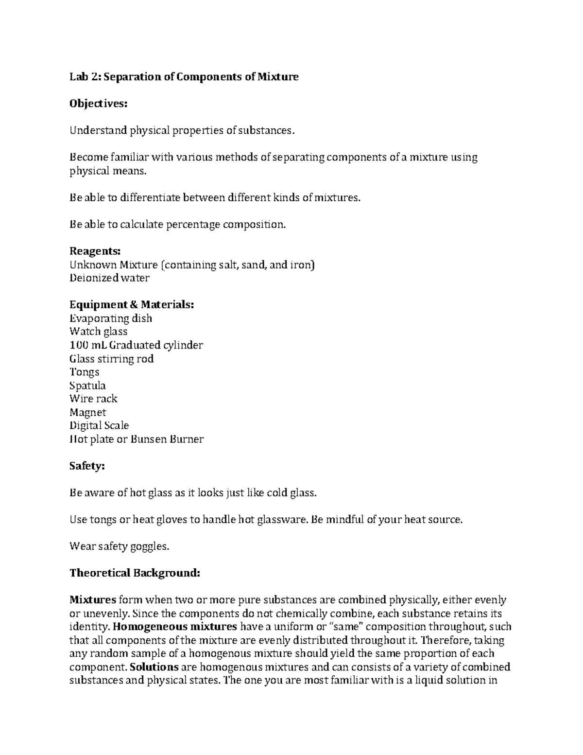 Lab 2 Separation of Components of Mixture - Lab 2: Separation of Components of Mixture ...