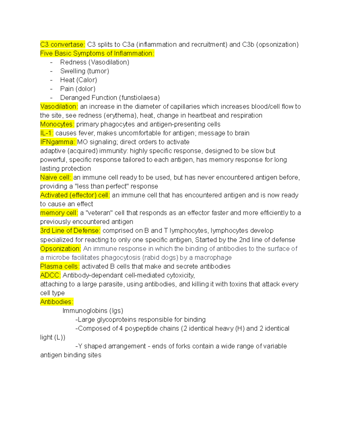 Immunology Unit 1 Section 2 - C3 convertase: C3 splits to C3a ...