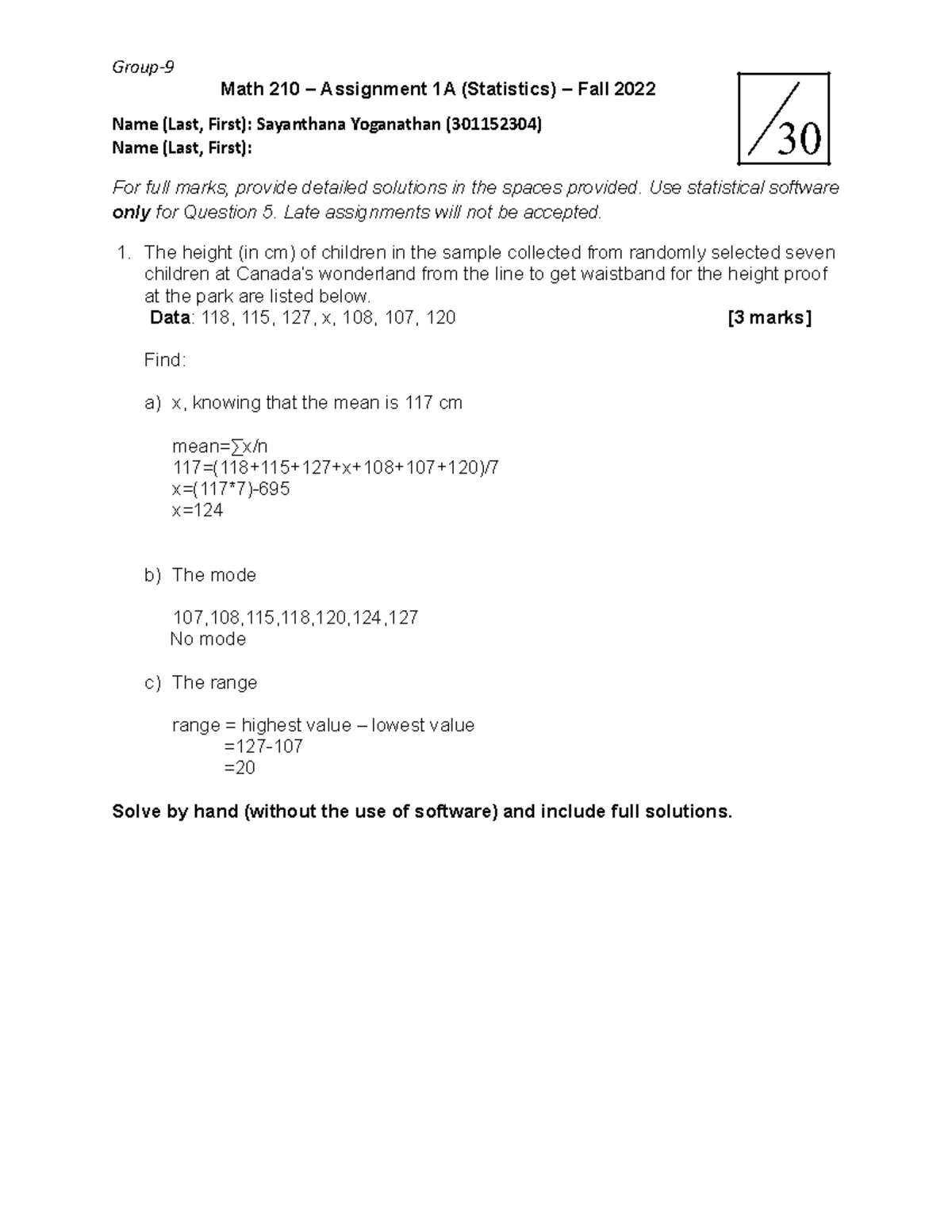 Math210 Assignment 1A Statistics group 9 - Math 210 – Assignment 1A ...