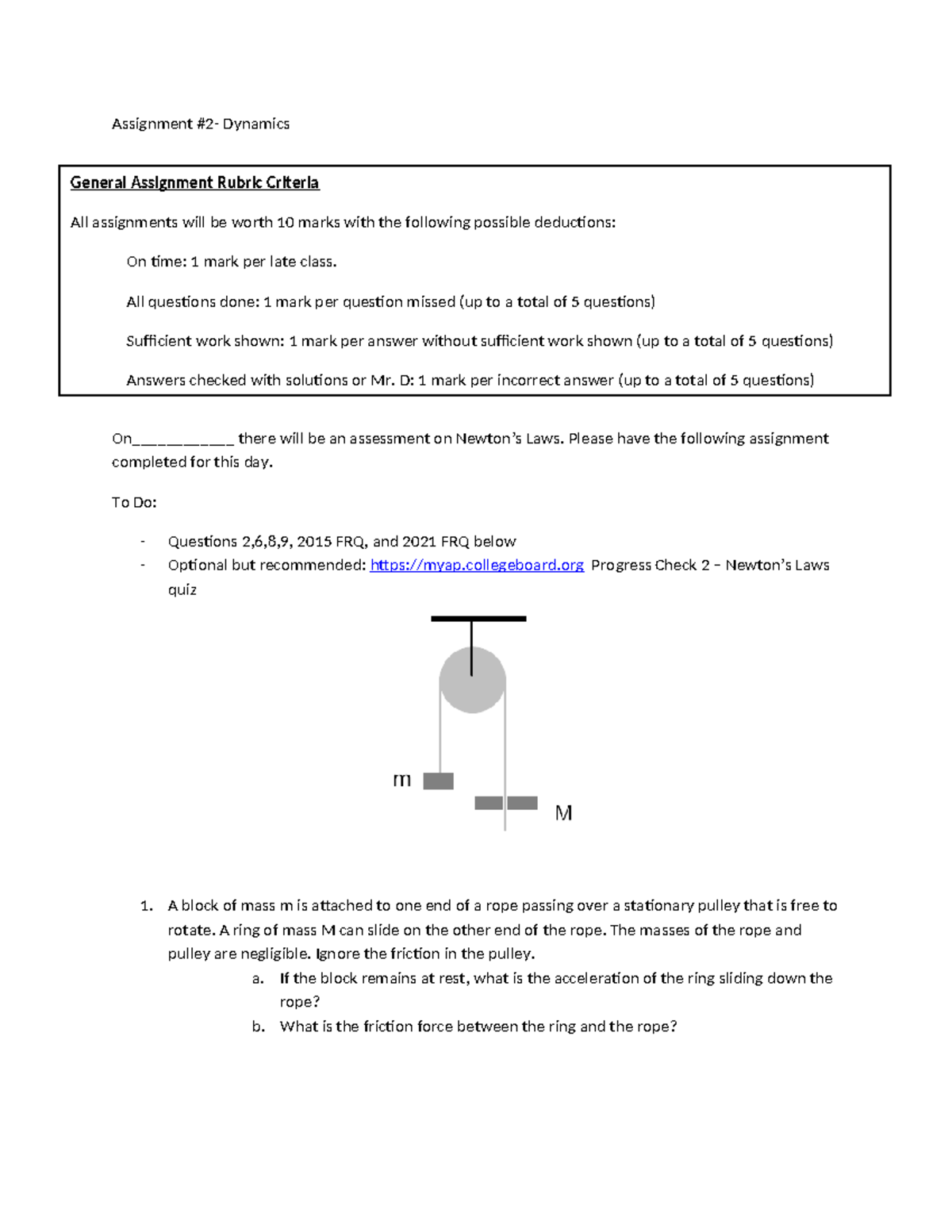 Assignment - Newton's Laws of Motion - Assignment #2- Dynamics On ...