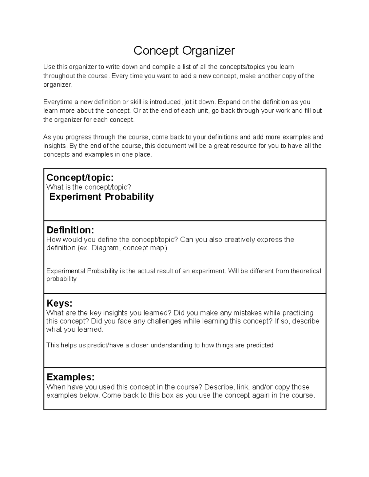 Experimental Probability - Concept Organizer Use this organizer to ...