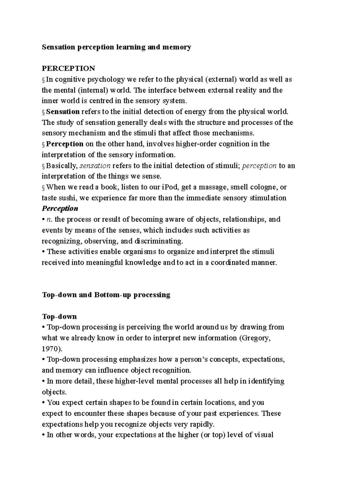 Sensation perception learning and memory - Sensation perception ...