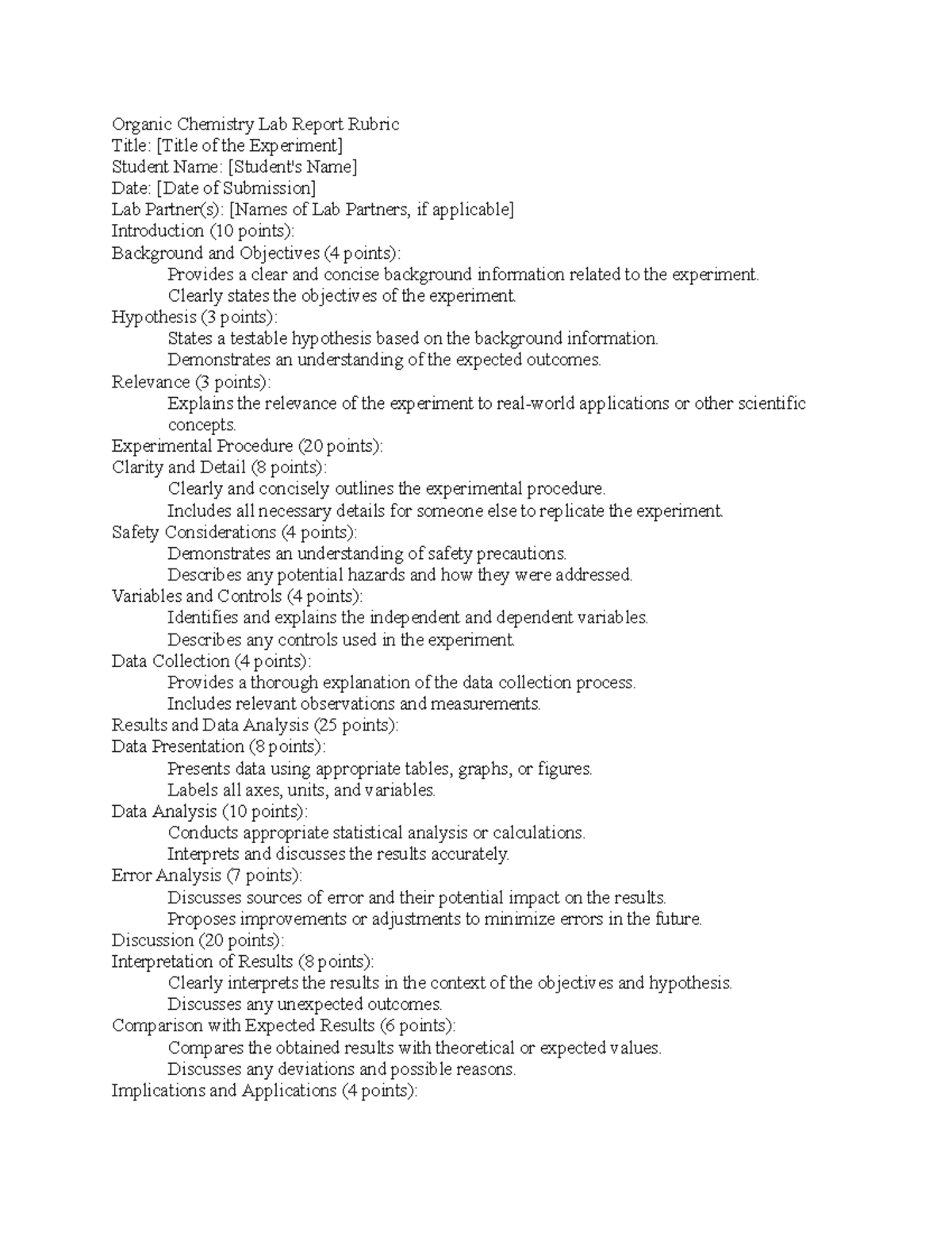 Organic Chemistry Lab Report Rubric - Clearly states the objectives of ...