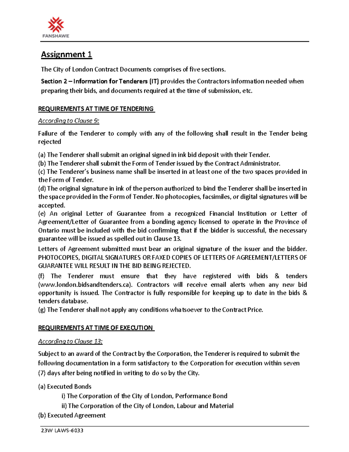 LAWS-6033-23W Assignment #1 - Assignment 1 The City of London Contract ...
