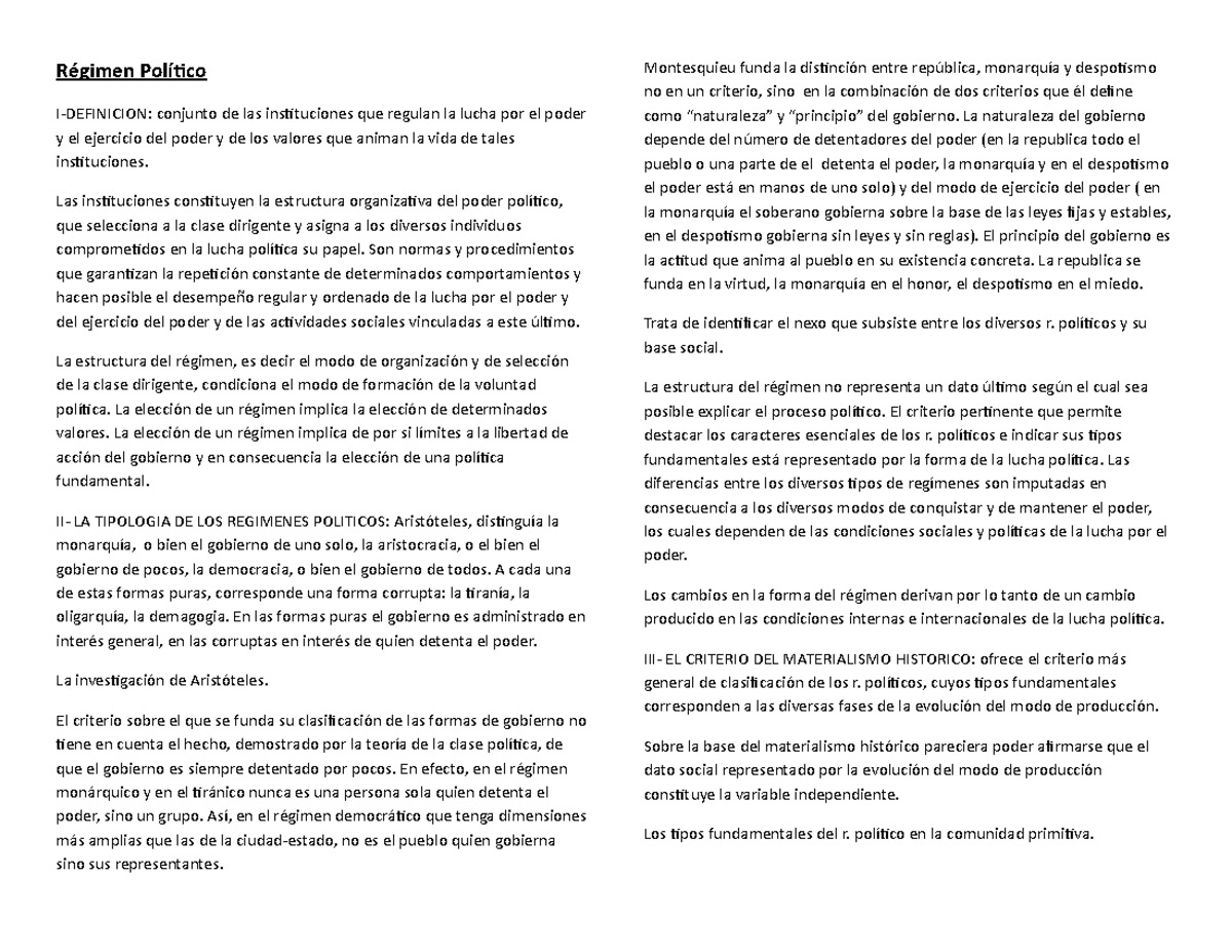 Regimen Politico Apunte - Régimen Político I-DEFINICION: conjunto de ...