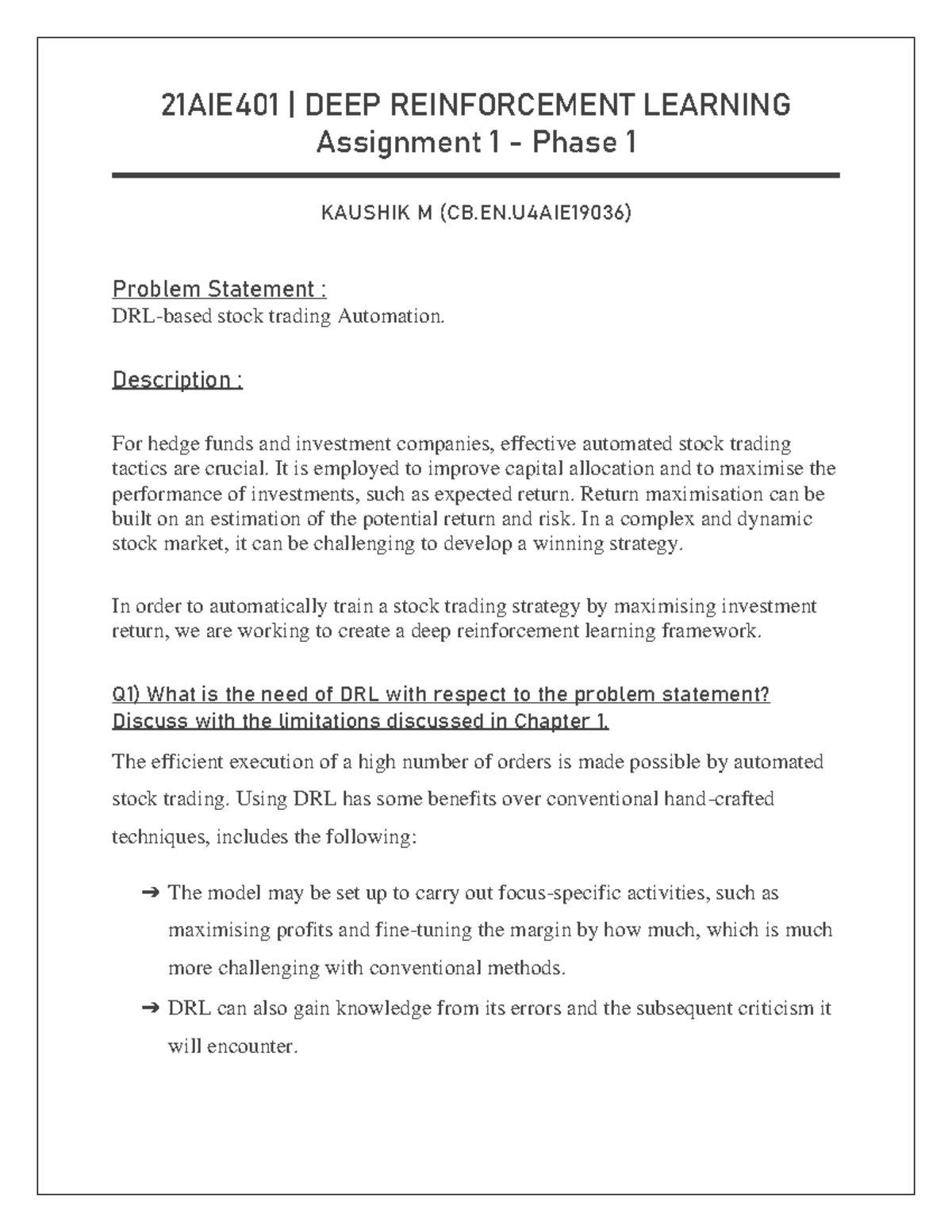 Kaushik M Cbenu 4AIE19036 - 21AIE401 | DEEP REINFORCEMENT LEARNING Assignment 1 - Phase 1 ...