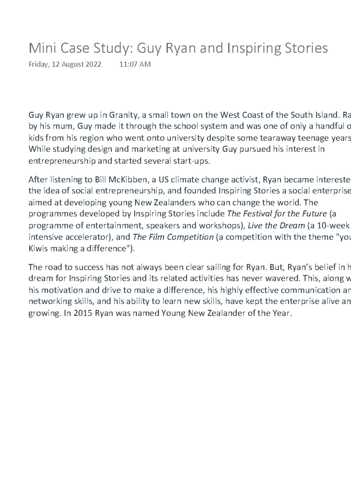 Mini Case Study Guy Ryan and Inspiring Stories - Guy Ryan grew up in ...