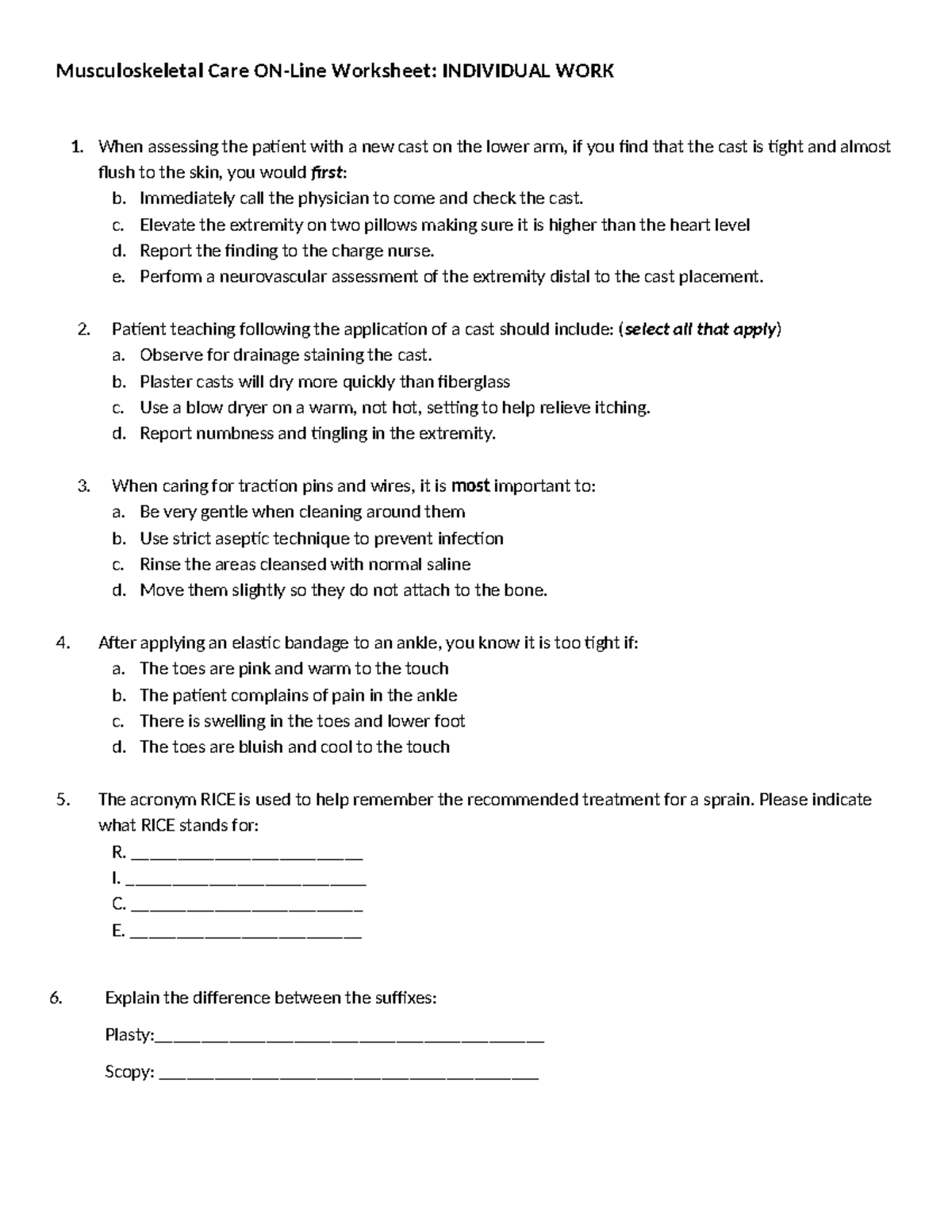 Musculo-skeletal on line worksheet - Musculoskeletal Care ON-Line ...