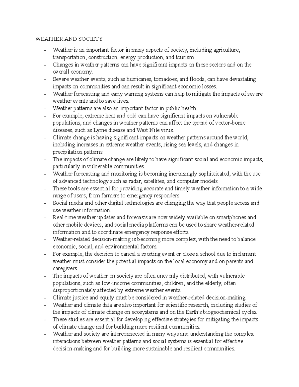 Weather AND Society Notes 1 - WEATHER AND SOCIETY Weather is an ...