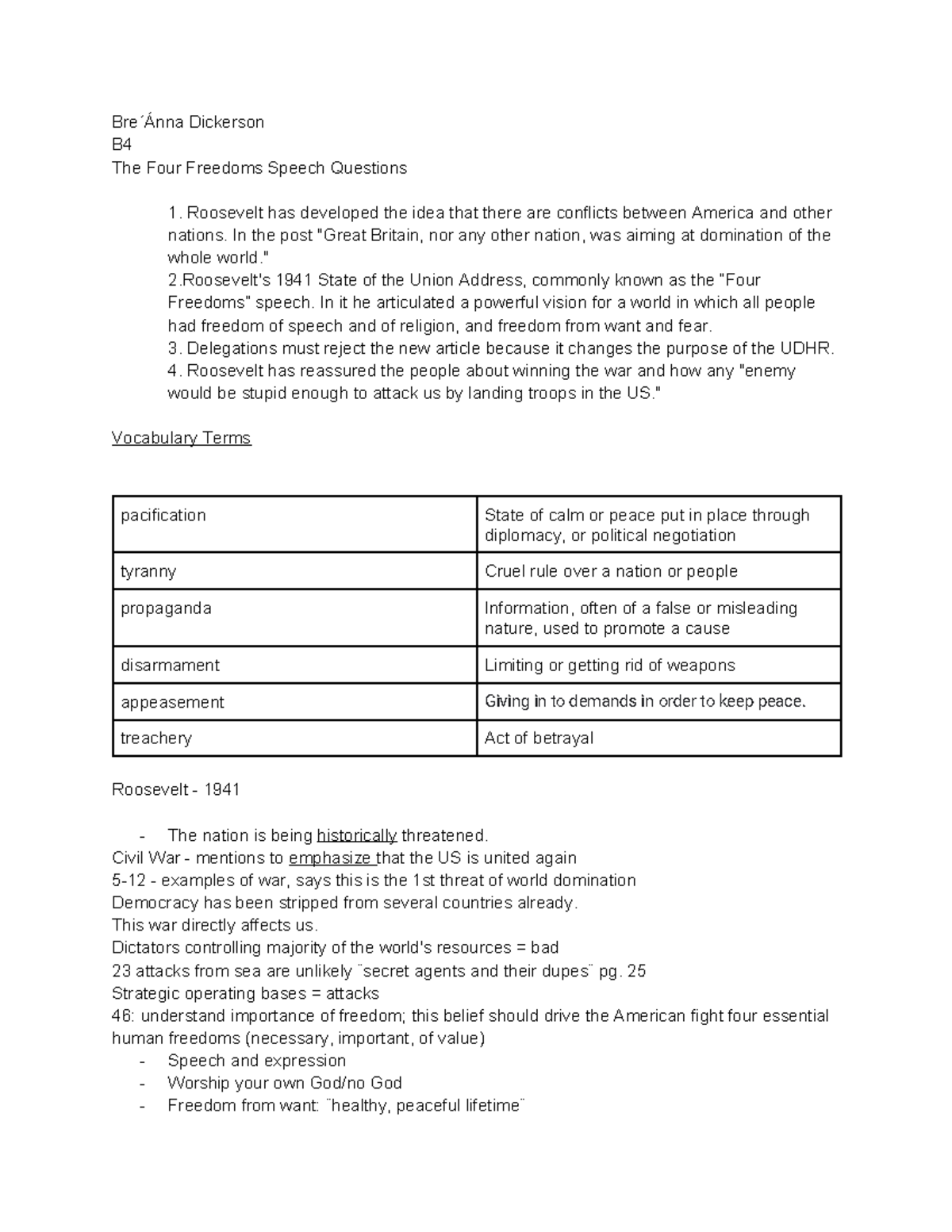 Four Freedoms Close Reading Questions - Bre ́Ánna Dickerson B The Four ...