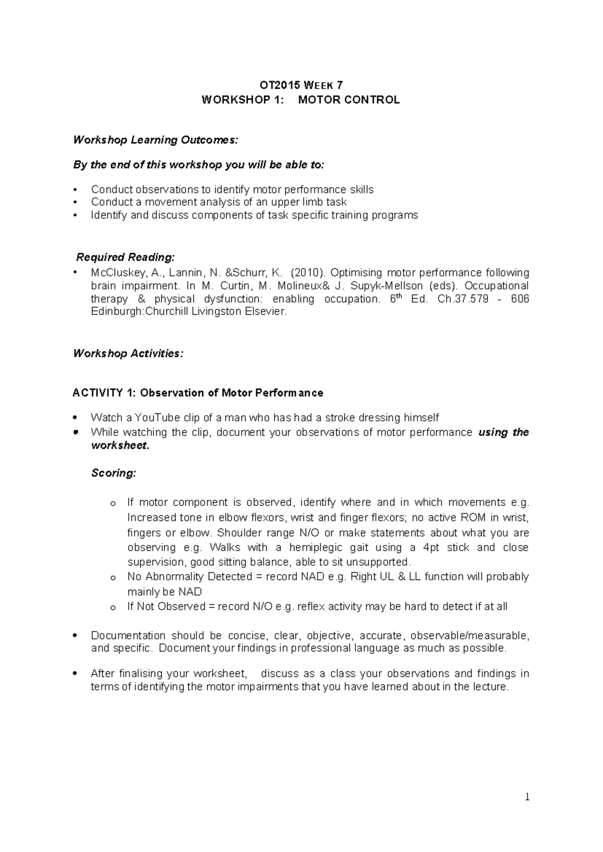 Week 7 Workshop 1 Student Worksheet Motor Control Updated - OT2015 WEEK ...