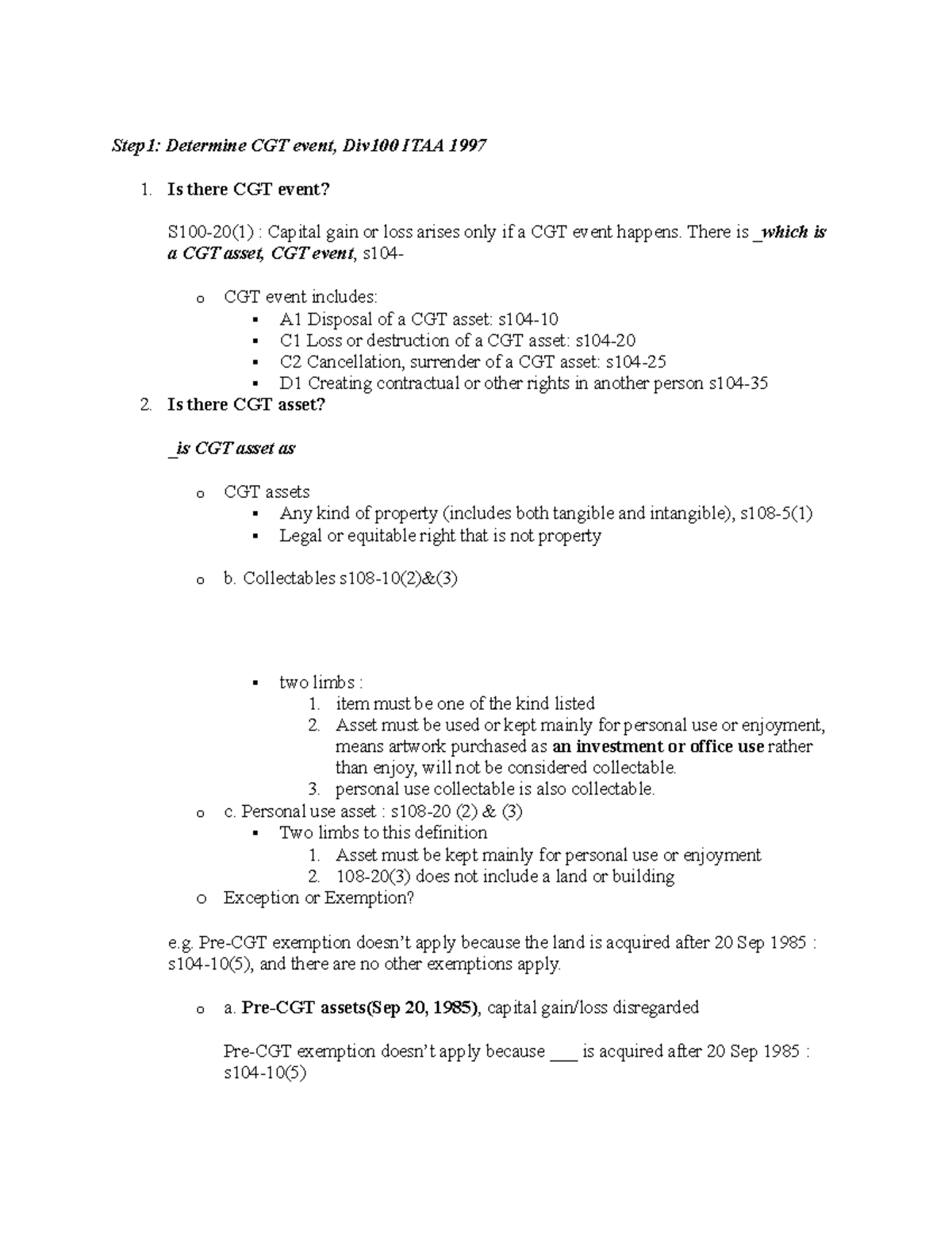 2021 S2 tlaw CGT notes - Step1: Determine CGT event, Div100 ITAA 1997 ...