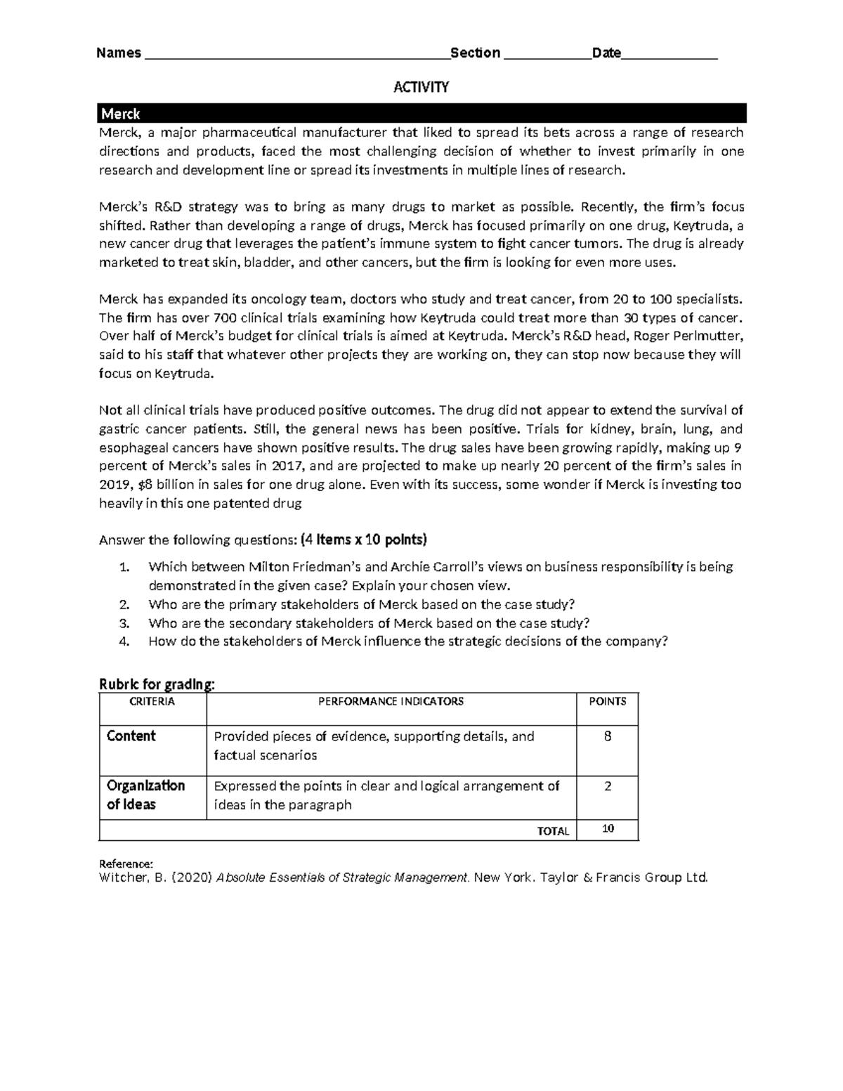 Activity 1 for Handout 4 - Names Section Date ACTIVITY Merck Merck, a ...