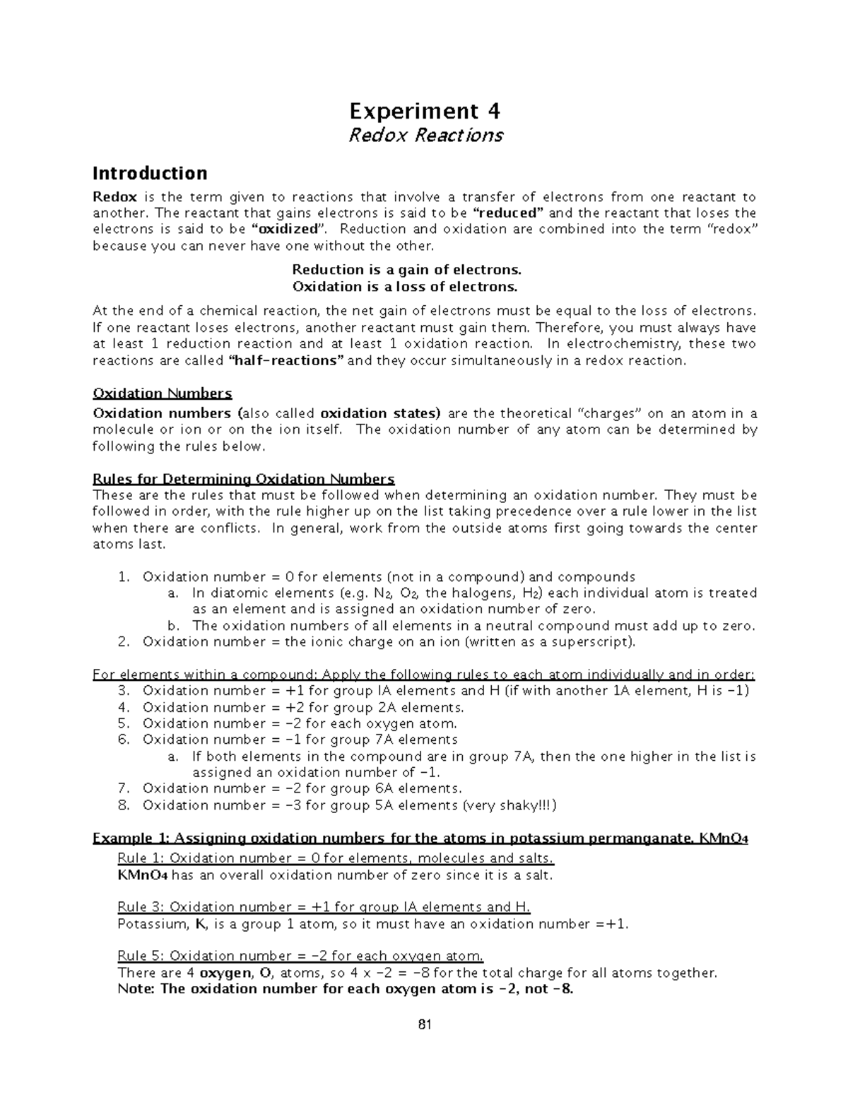 2020F CHM102 E4 Redox - Orgo - Experiment 4 Redox Reactions ...