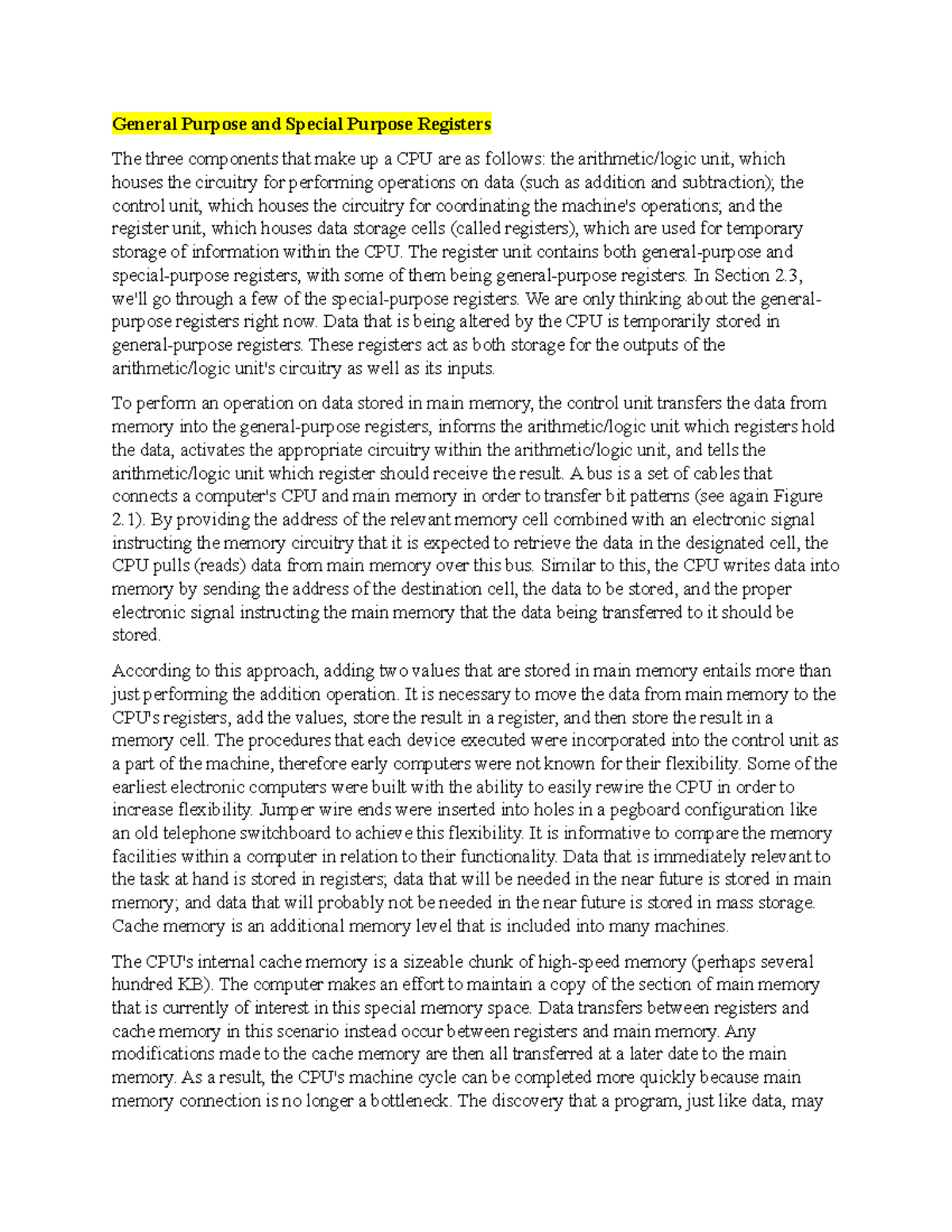 General Purpose and Special Purpose Registers - The register unit ...