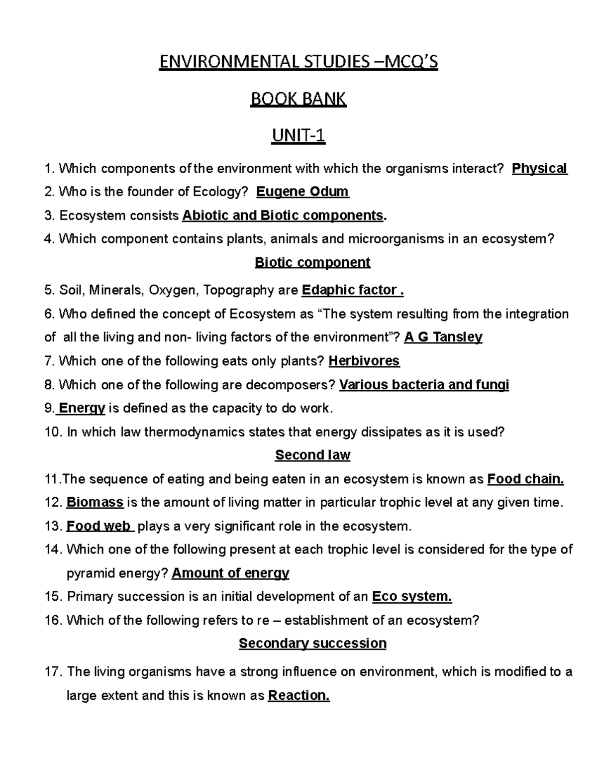 EVS MCQ'S WITH Answer UNIT I,II,III - ENVIRONMENTAL STUDIES –MCQ’S BOOK ...