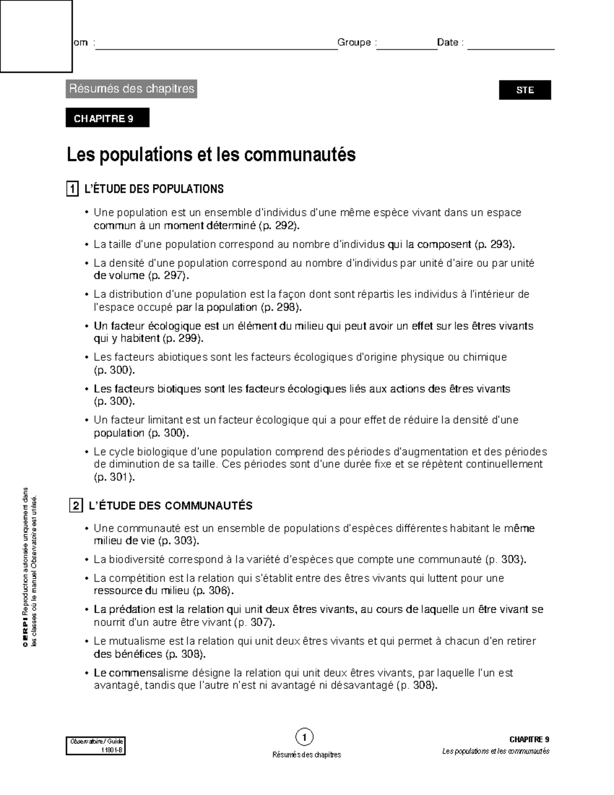 Chap9 résumé STE - RÉSUMÉ DU CHAPITRE 9 ( CAHIER OBSERVATOIRE) - Nom : Groupe : Date : Résumés ...