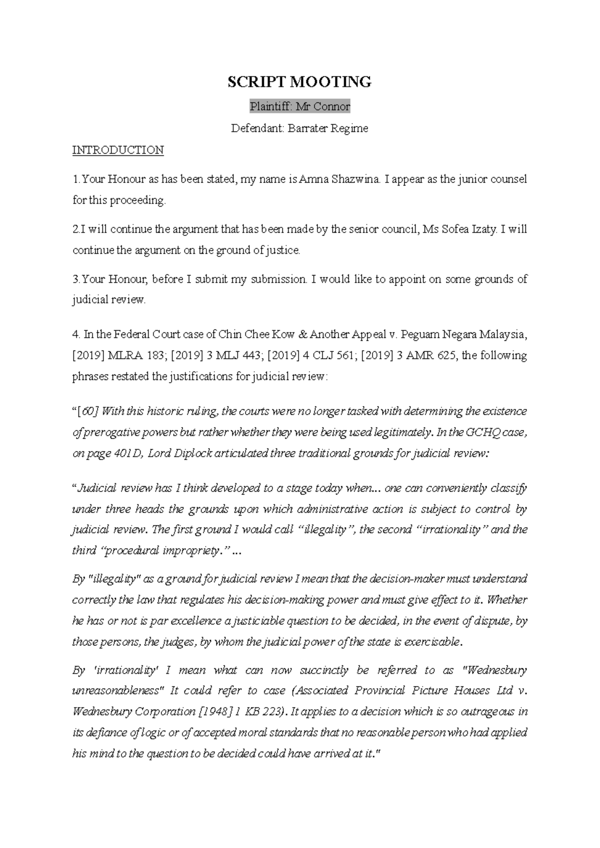 Script Mooting - SCRIPT MOOTING Plaintiff: Mr Connor Defendant ...