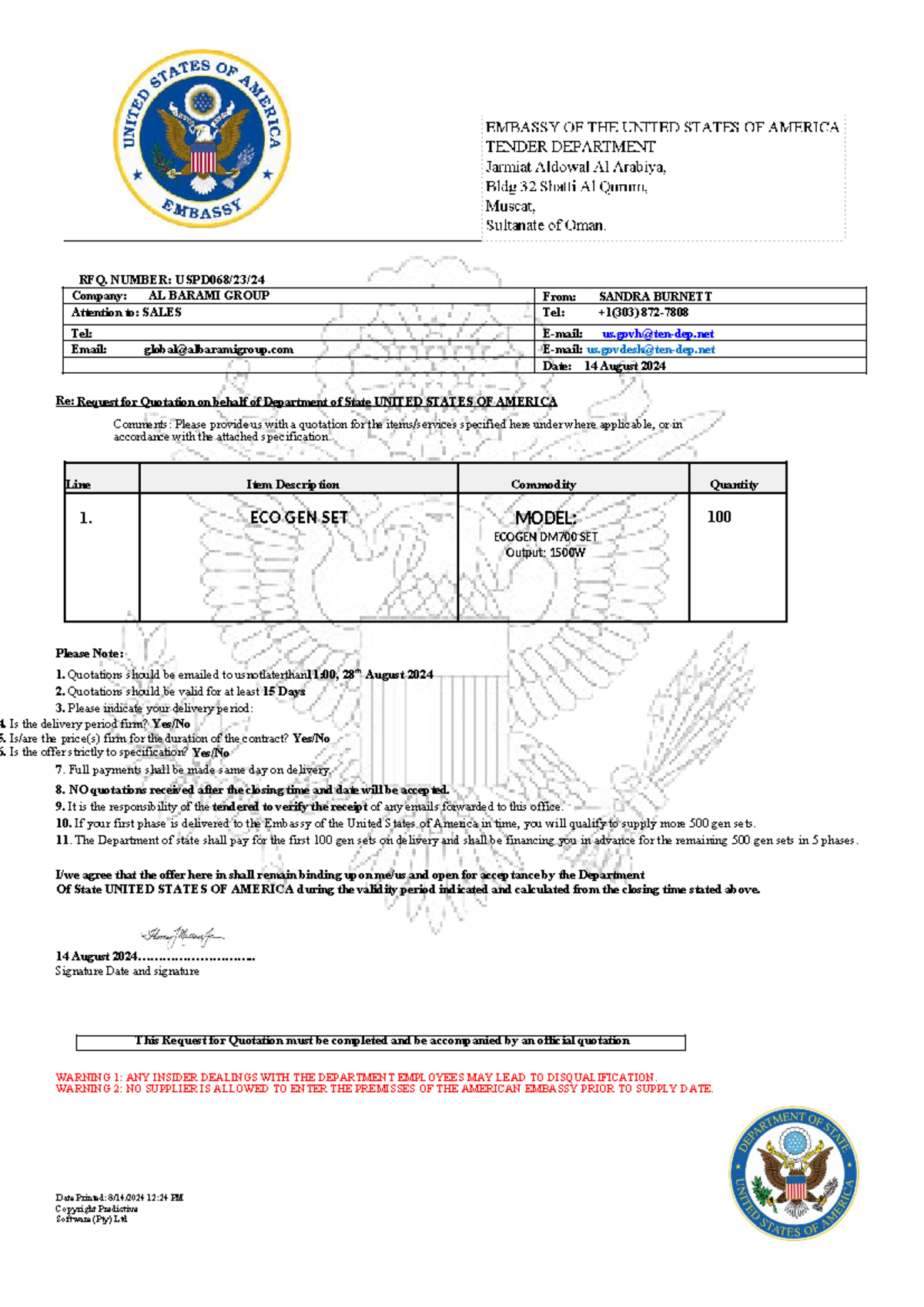 State Department Omanuspd 068 - RFQ. NUMBER: USPD 068 /23/ Company: AL ...